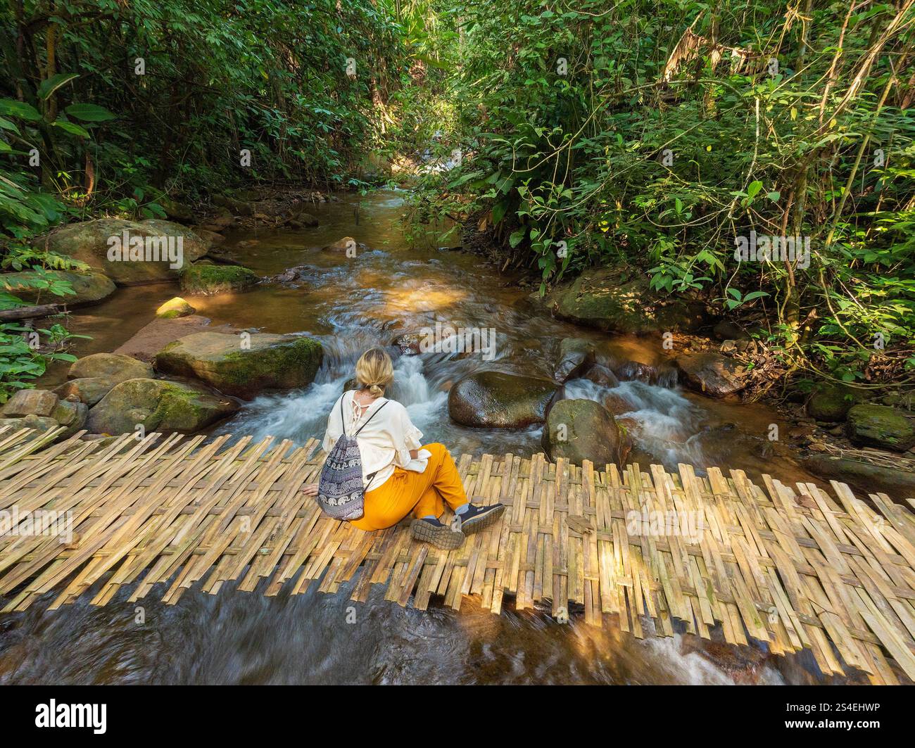 A young woman walks across the small bamboo bridge in the jungle of ...