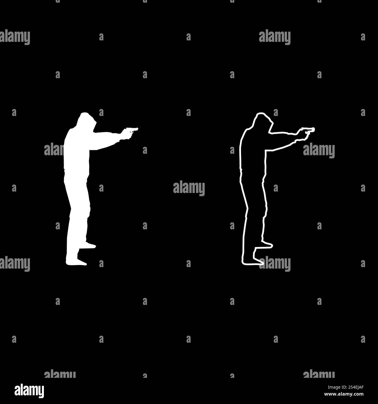 Man in the hood with gun Concept danger outstretched arms icon set ...
