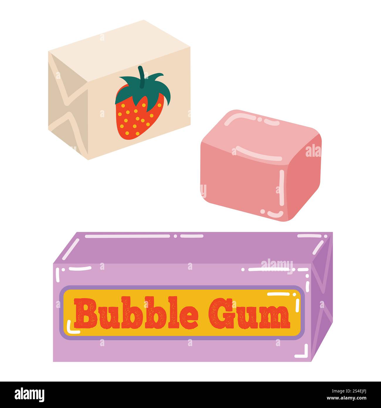 Cute set of strawberry bubble gum candies in cartoon flat style. Retro ...