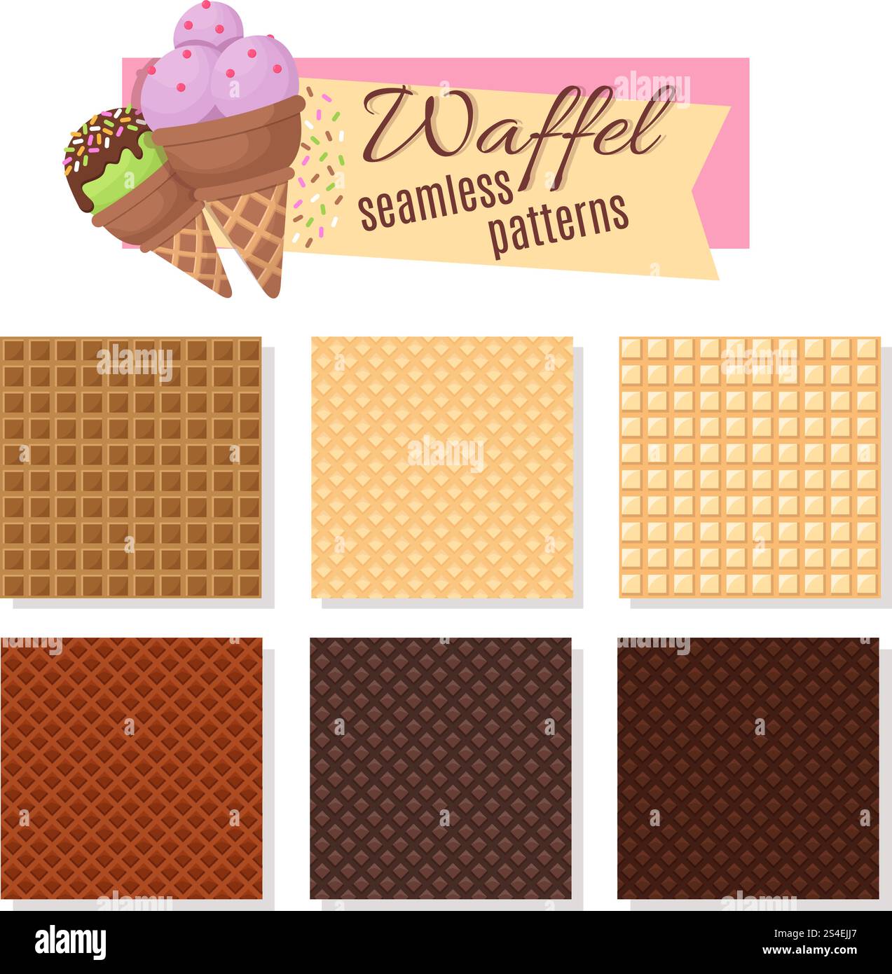 Ice cream waffel cone seamless vector patterns. Set of waffle pattern ...