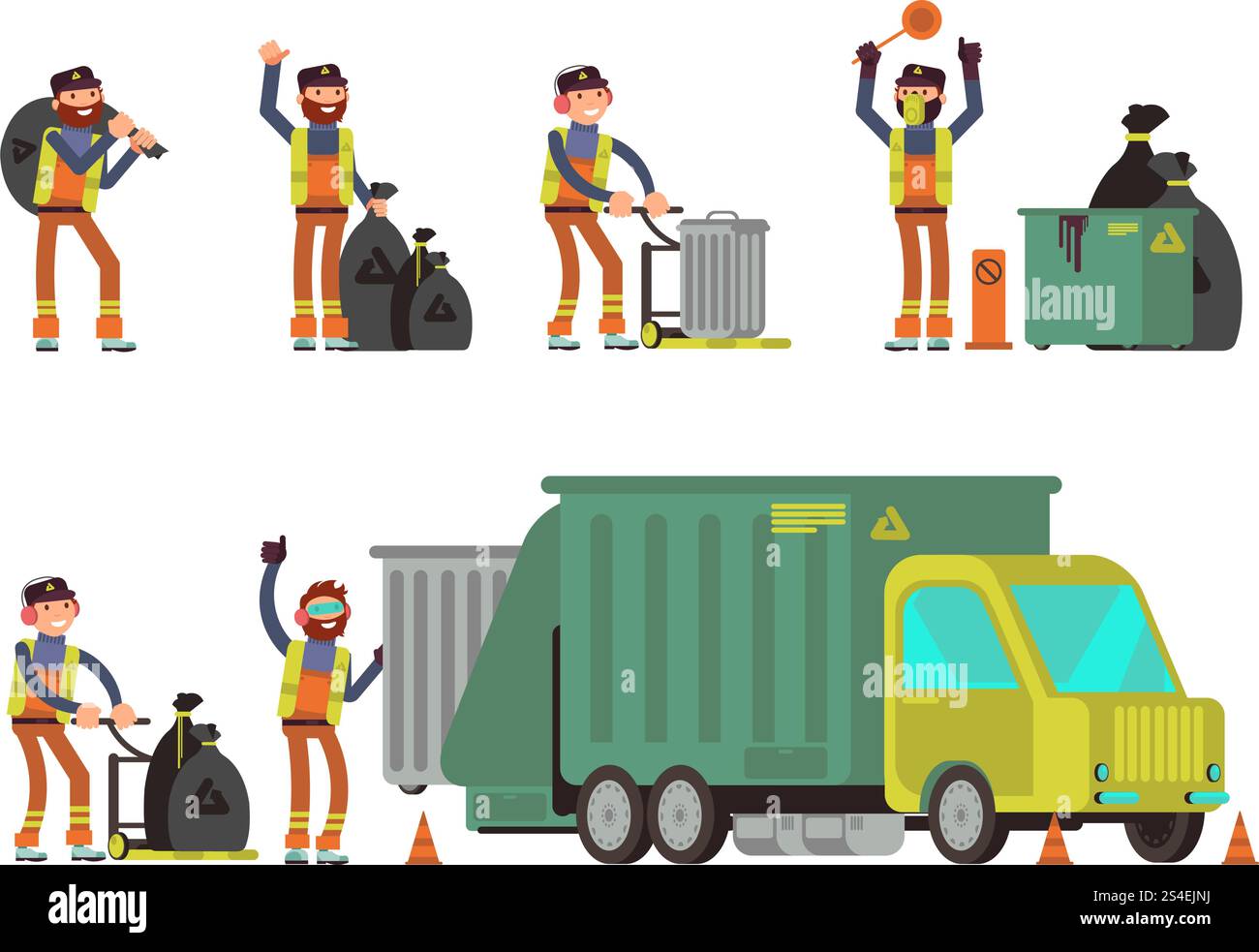 Garbage man collecting city rubbish and waste for recycling. Vector set ...