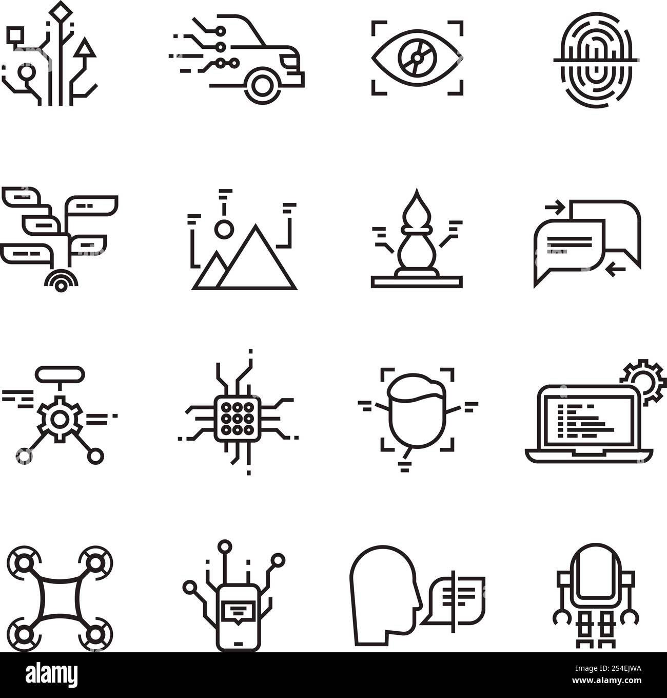 Neural network, artificial intelligence line vector icons. Face, speech ...