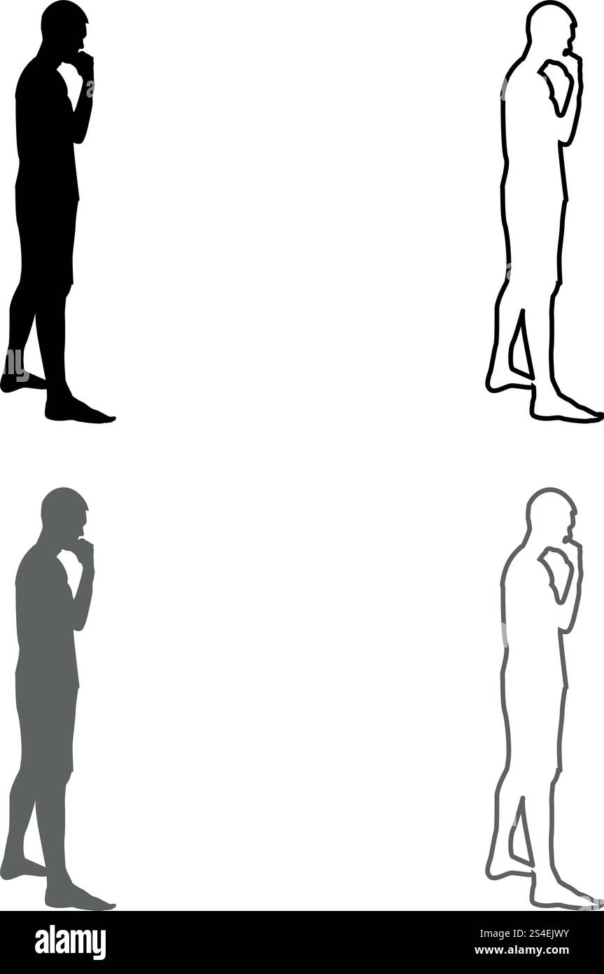 Thinking man standing silhouette Pensive person side view icon set grey ...