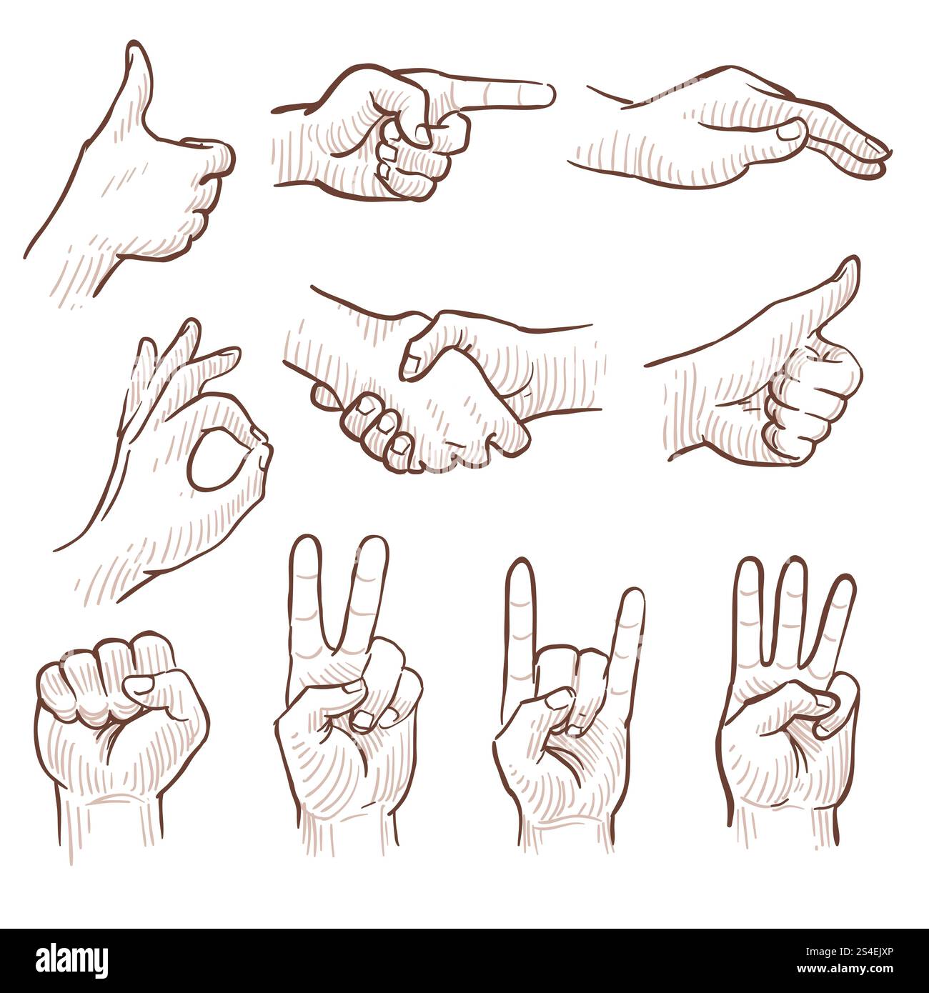 Hand drawing sketch man hands showing different gestures vector set ...