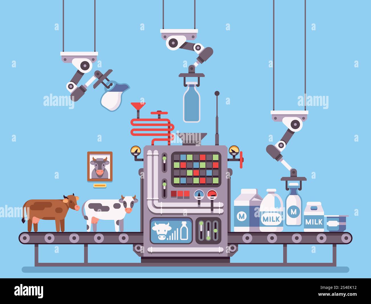 Milk manufacturing, stage processing on conveyor, dairy products ...