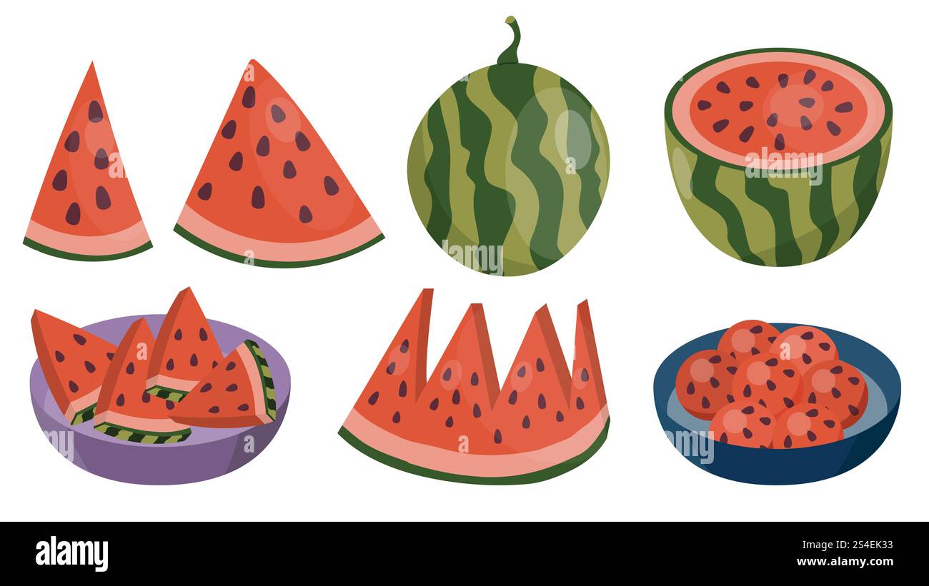 Watermelon slices, balls, whole watermelon, fruit set in flat style ...