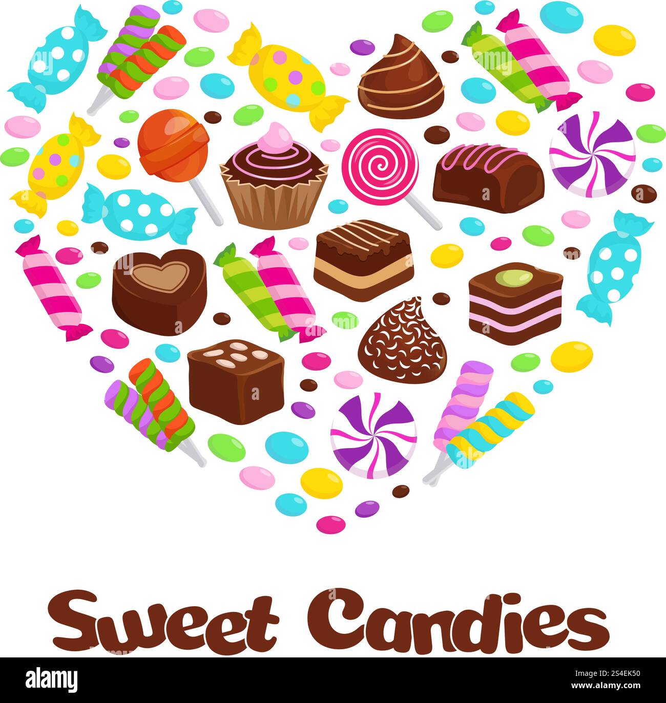 Caramel lollipop candies and chocolate sweets flat icons in heart shape ...