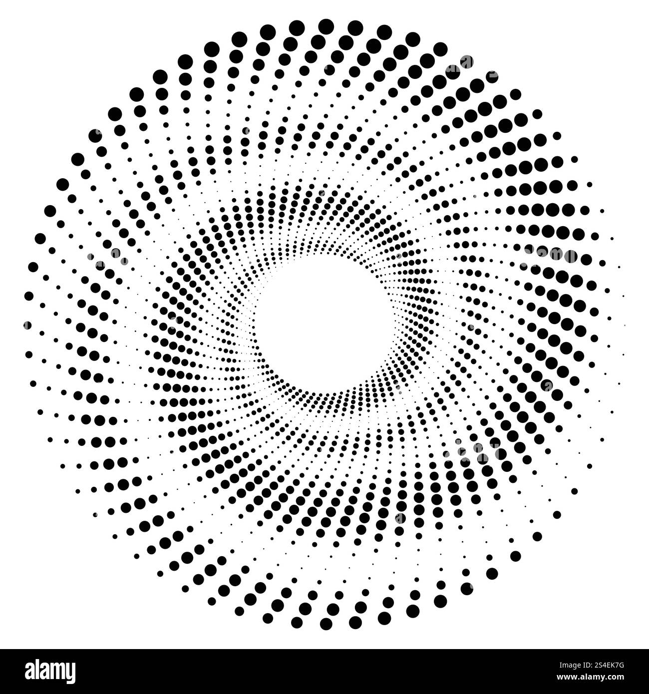 Black round halftone texture. Dotted radial swirl or tornado shape. Gradient circle. Pop art ...