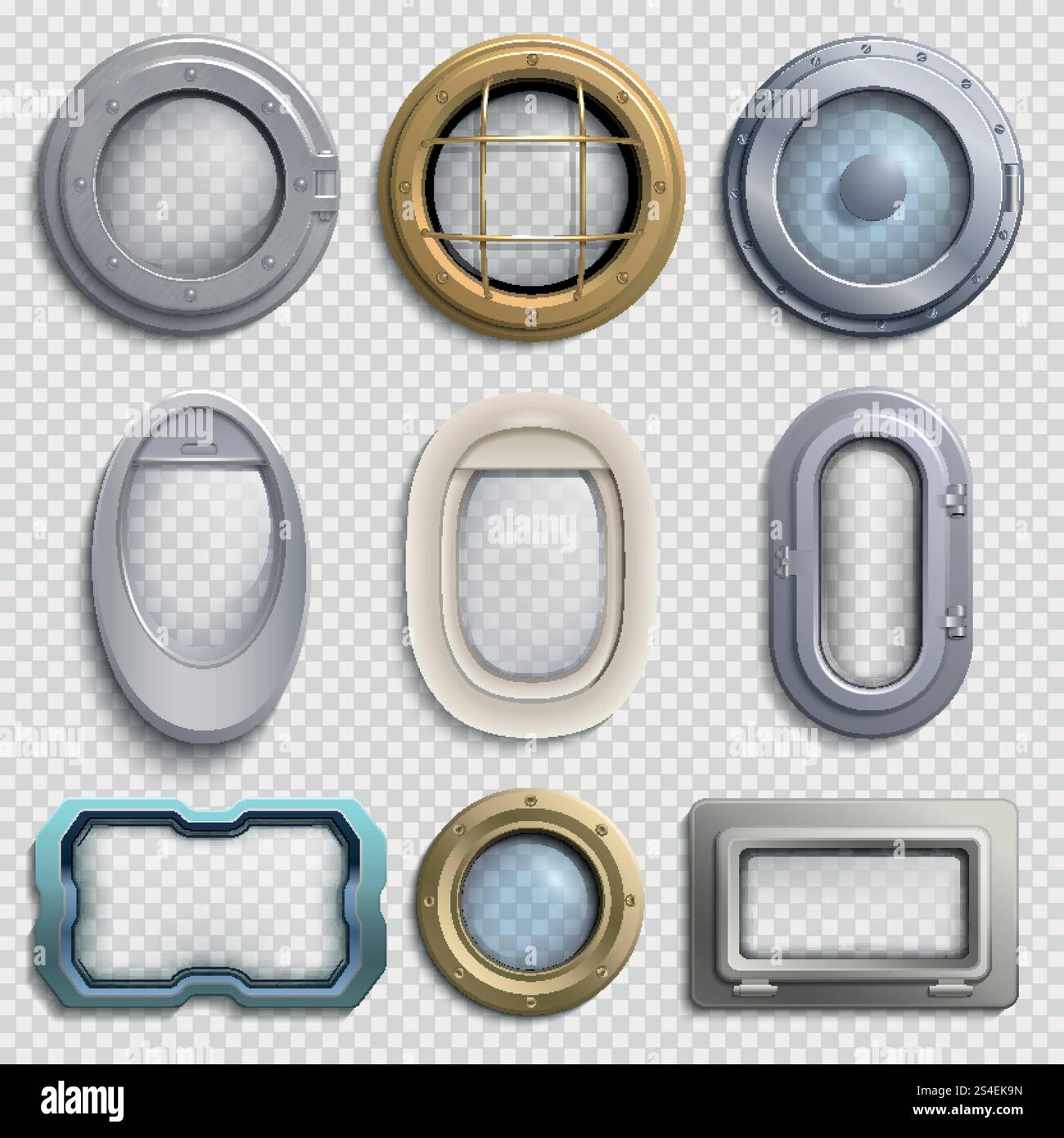 Various portholes isolated vector set. Submarine, airplane and ship ...