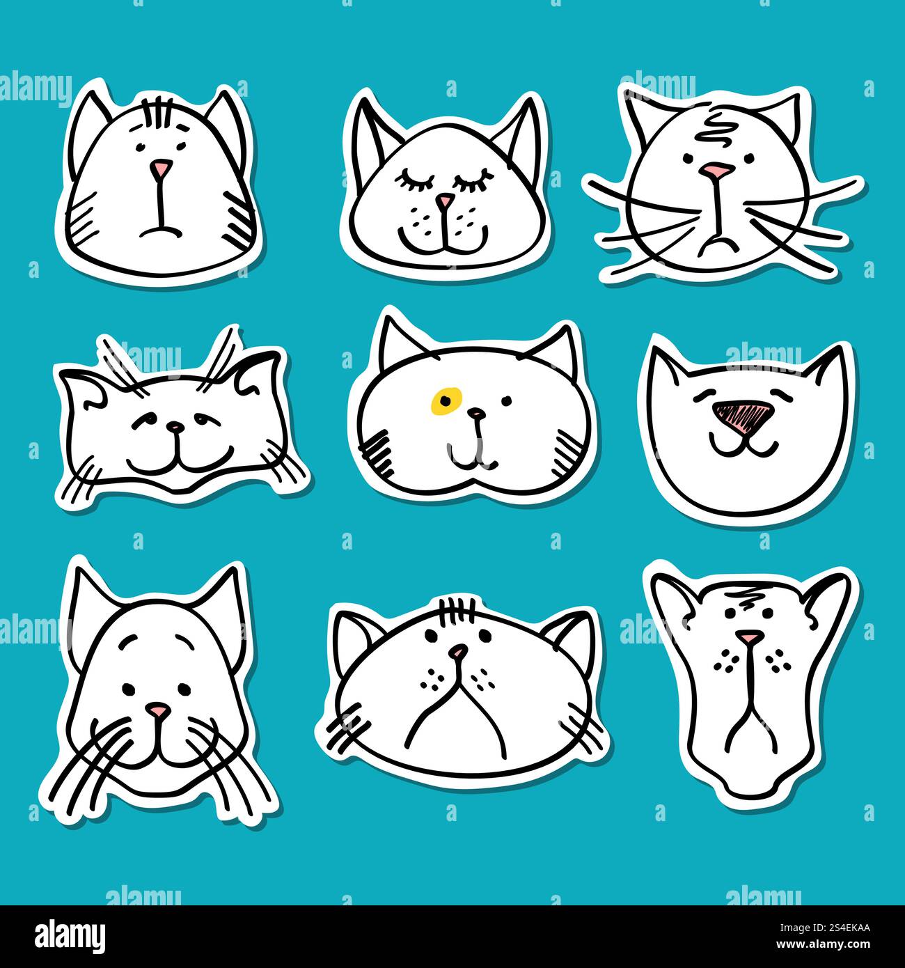 Cute doodle cats stickers collection. Set of white cats. Vector ...