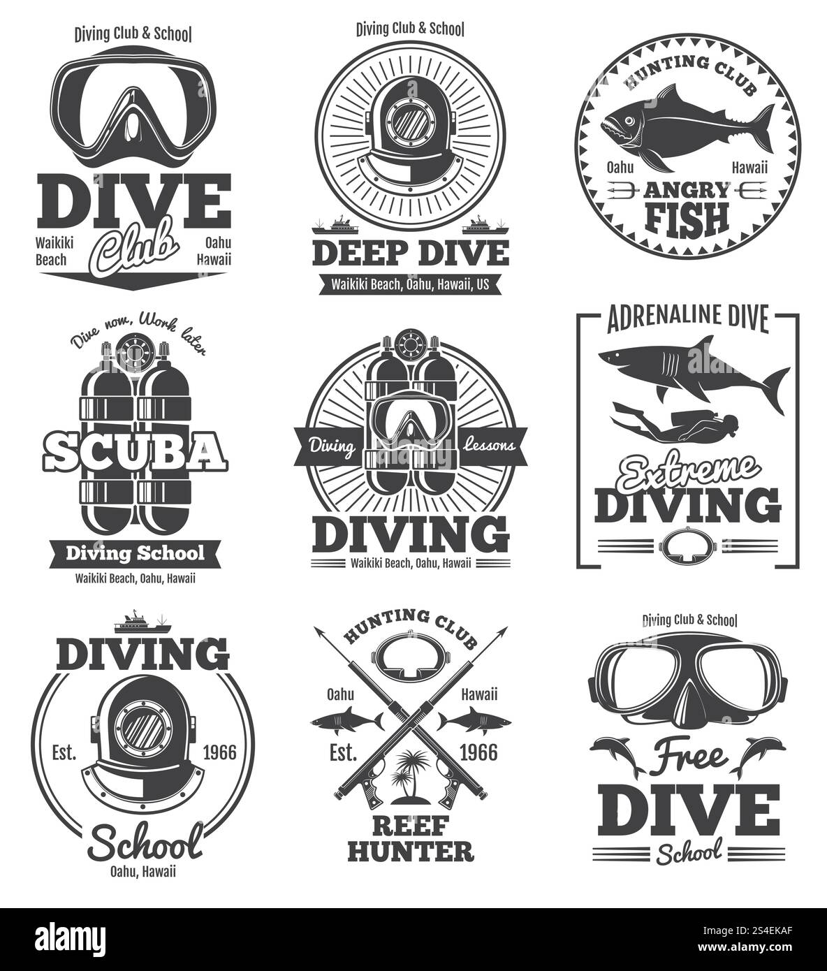Underwater scuba diving club vector vintage emblems and labels. Sport ...