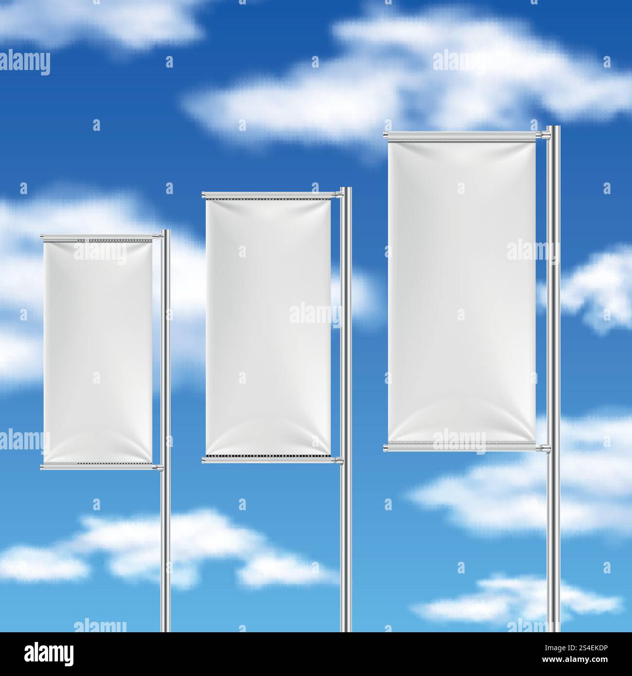 White flags and blue sky. Beach event advertising vector template ...