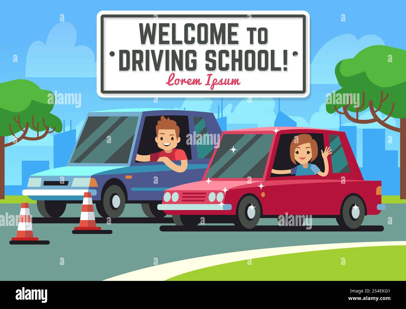 Driving school vector background with young happy driver in cars on ...
