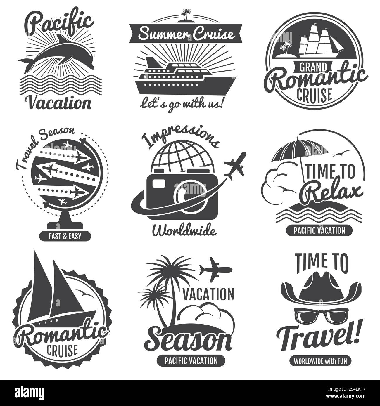 Vintage travel vector logo set. Adventure and label romantic cruise ...