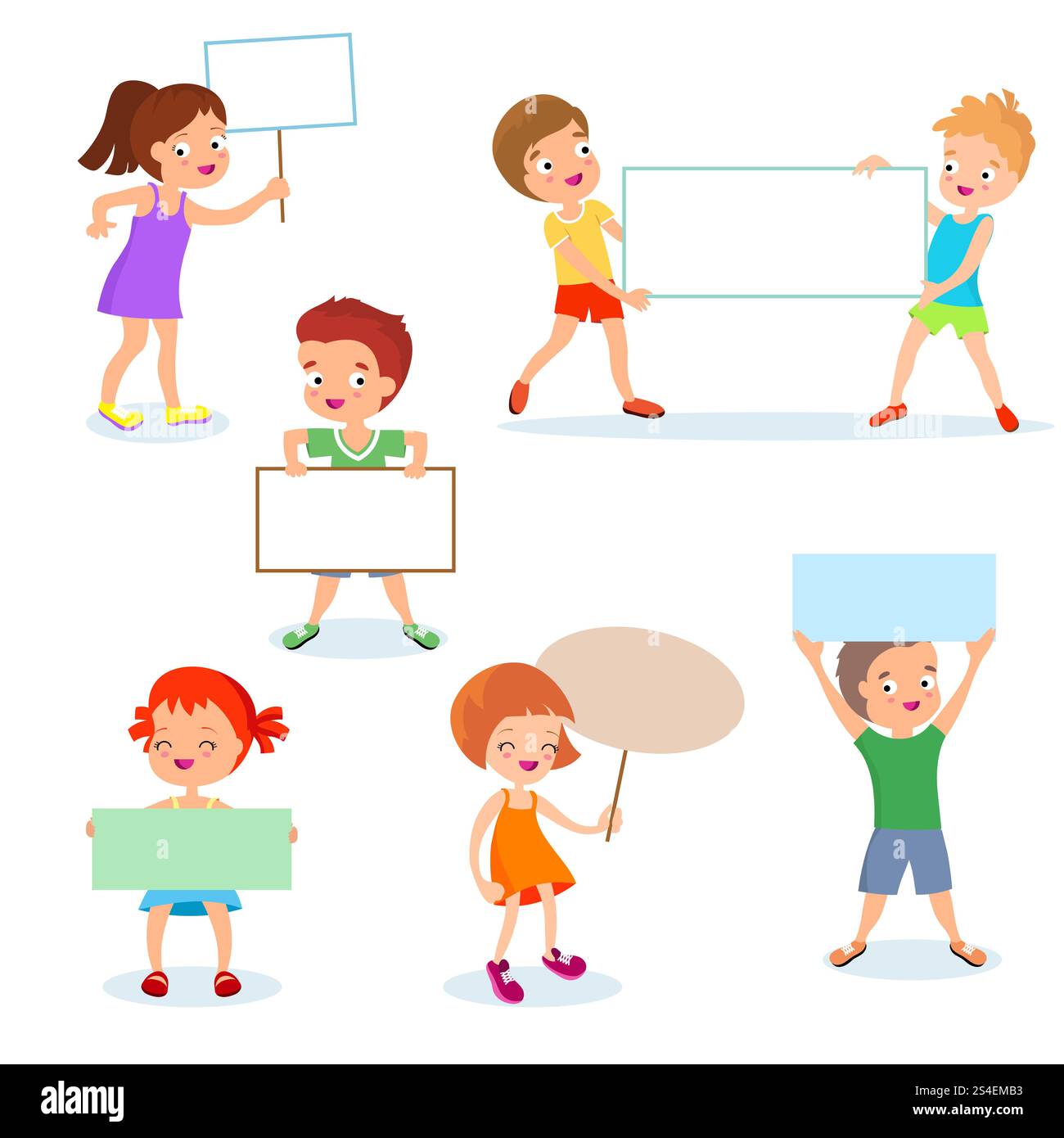 Happy kids with paper cards and banners. Cartoon children holding blank ...