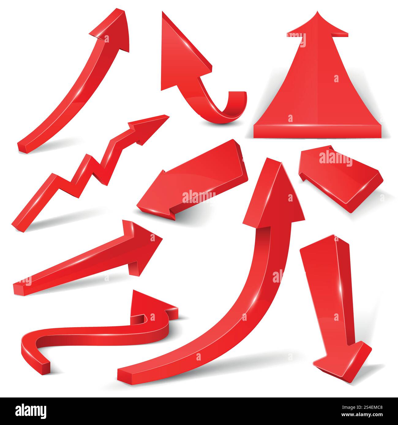 Glossy red 3d arrows isolated on white vector set. Arrow web curve ...