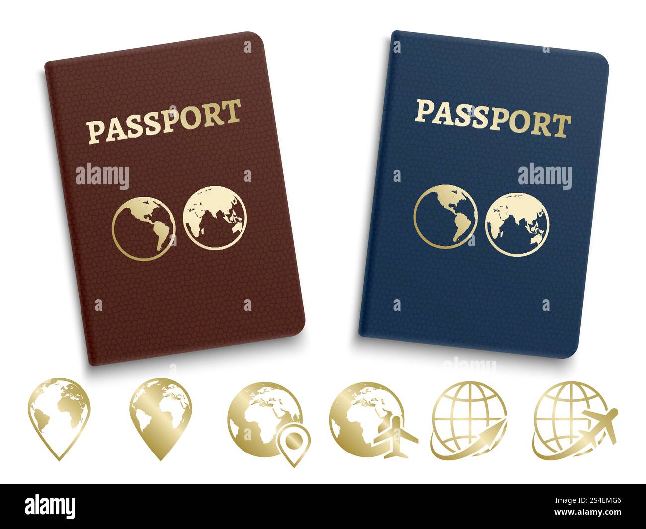 Passports international ID and golden navigation and travel icons ...