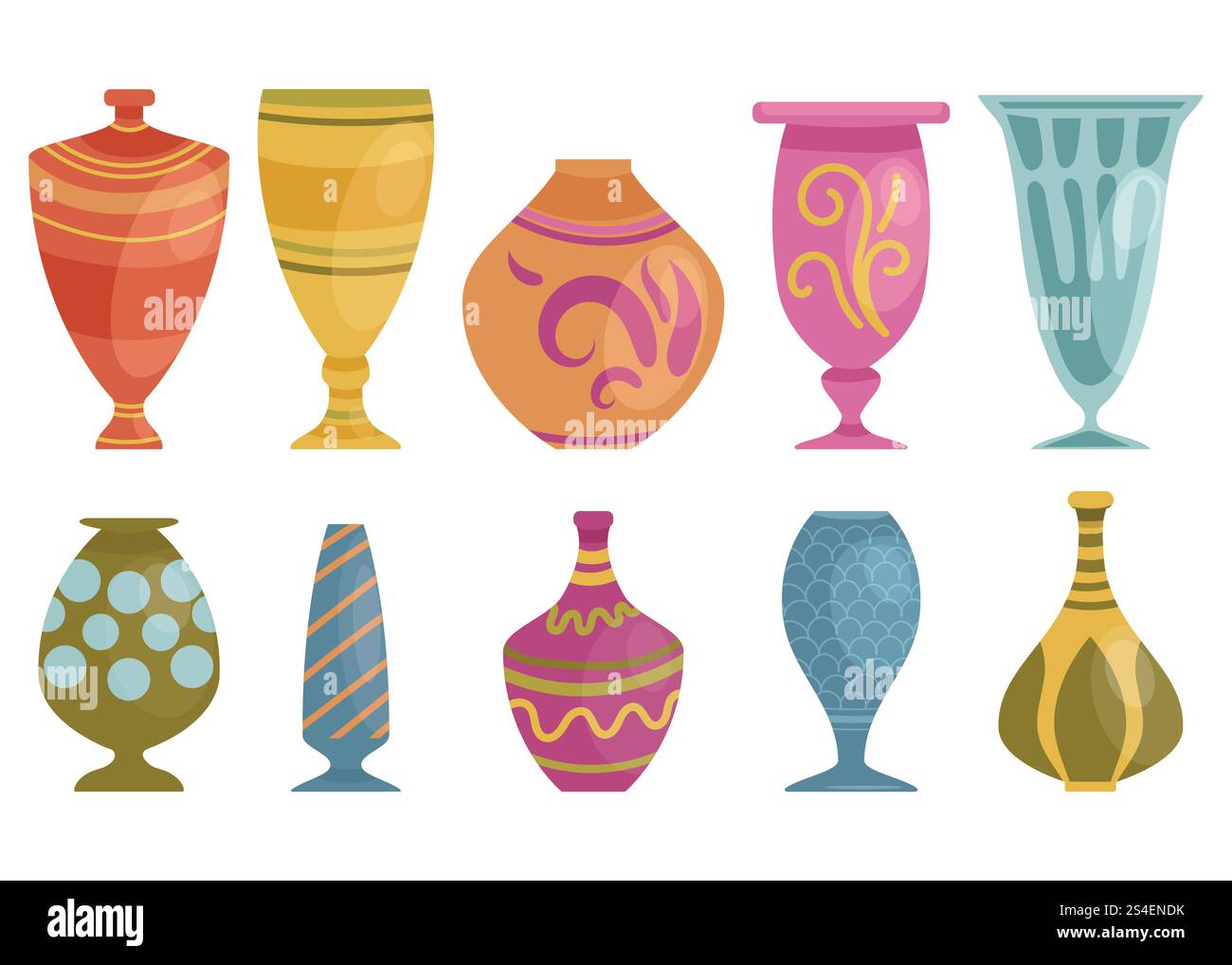 Colorful vases with ornaments different collection isolated on white ...