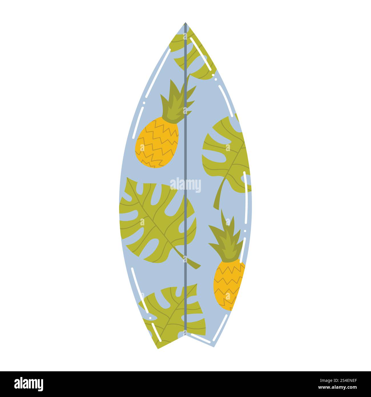 Cute cartoon surfing board with pineapple and Monstera leaves pattern in flat style. Surfing ...