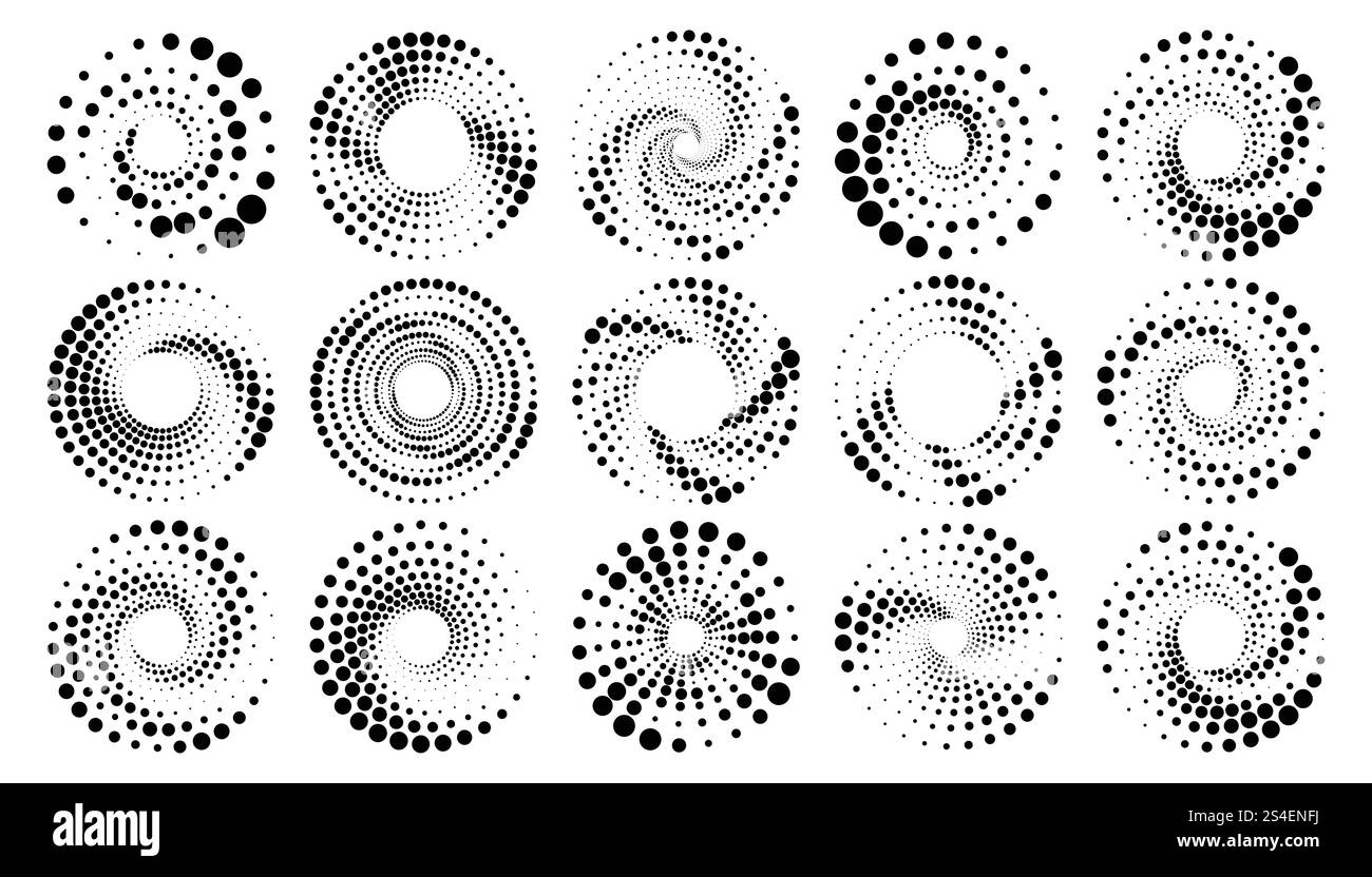 Halftone round elements, twisters, halftone circular textures with dots ...
