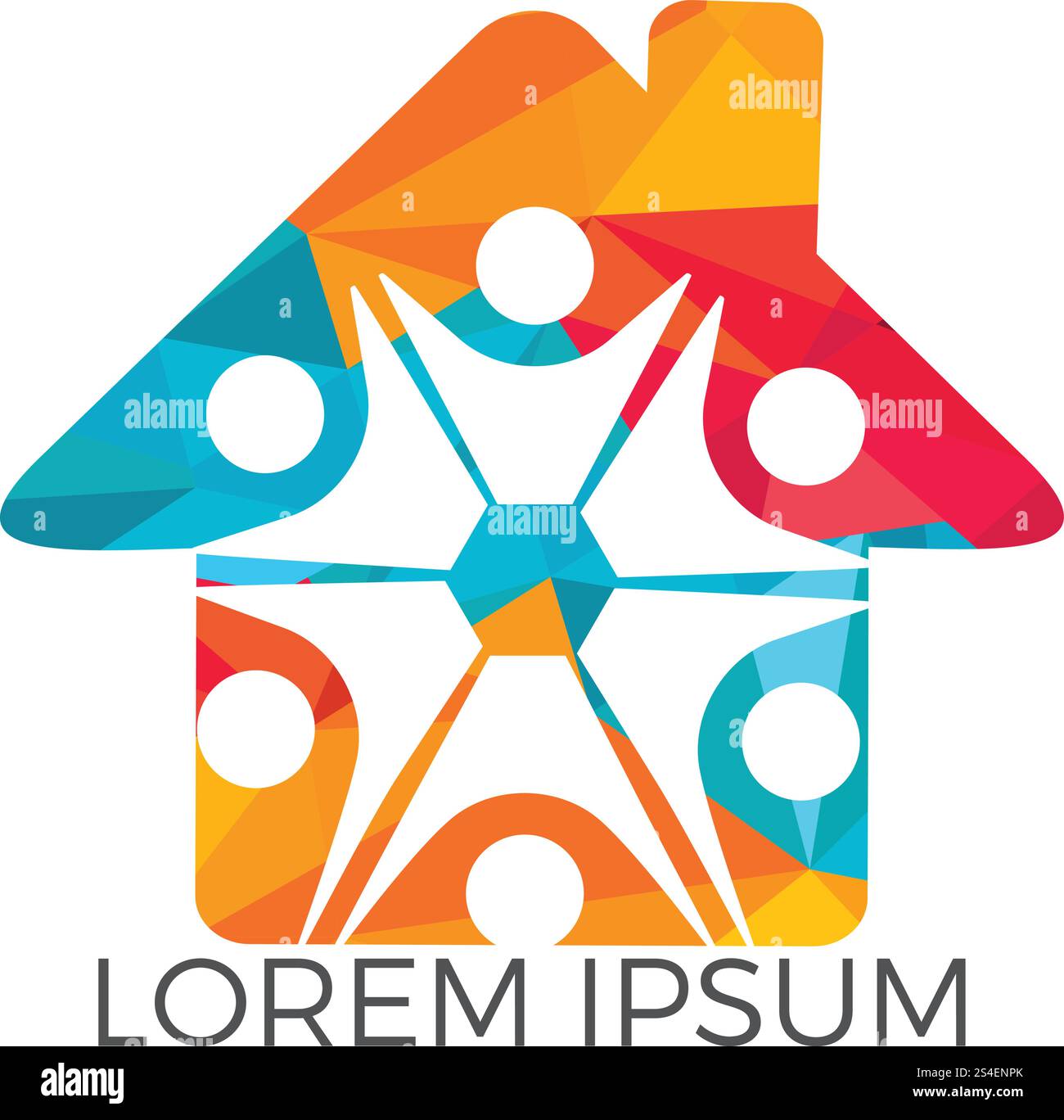 Colorful house icon with abstract happy human silhouette. Health center ...