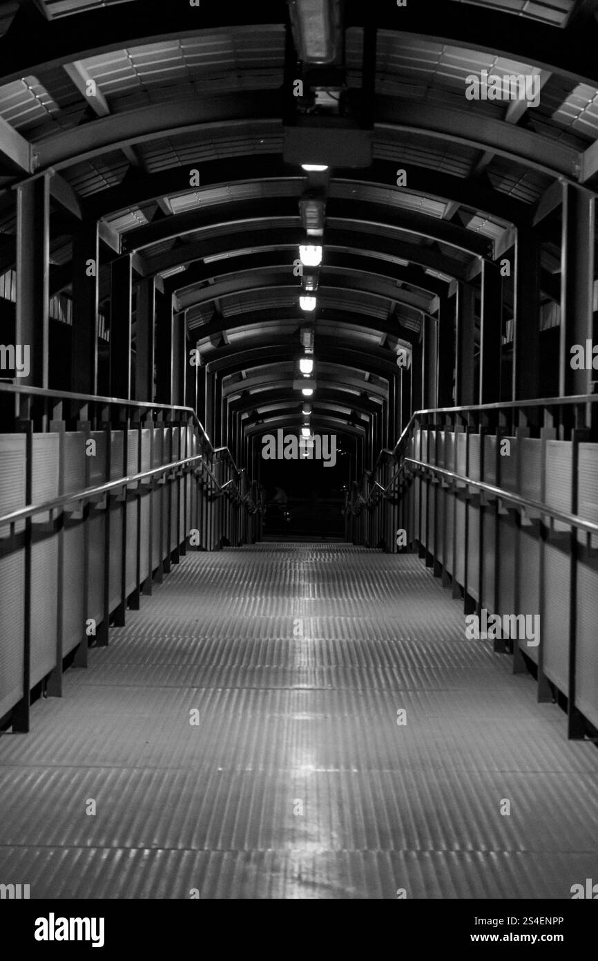 Pedestrian bridge with a metallic walkway and arched overhead structure ...