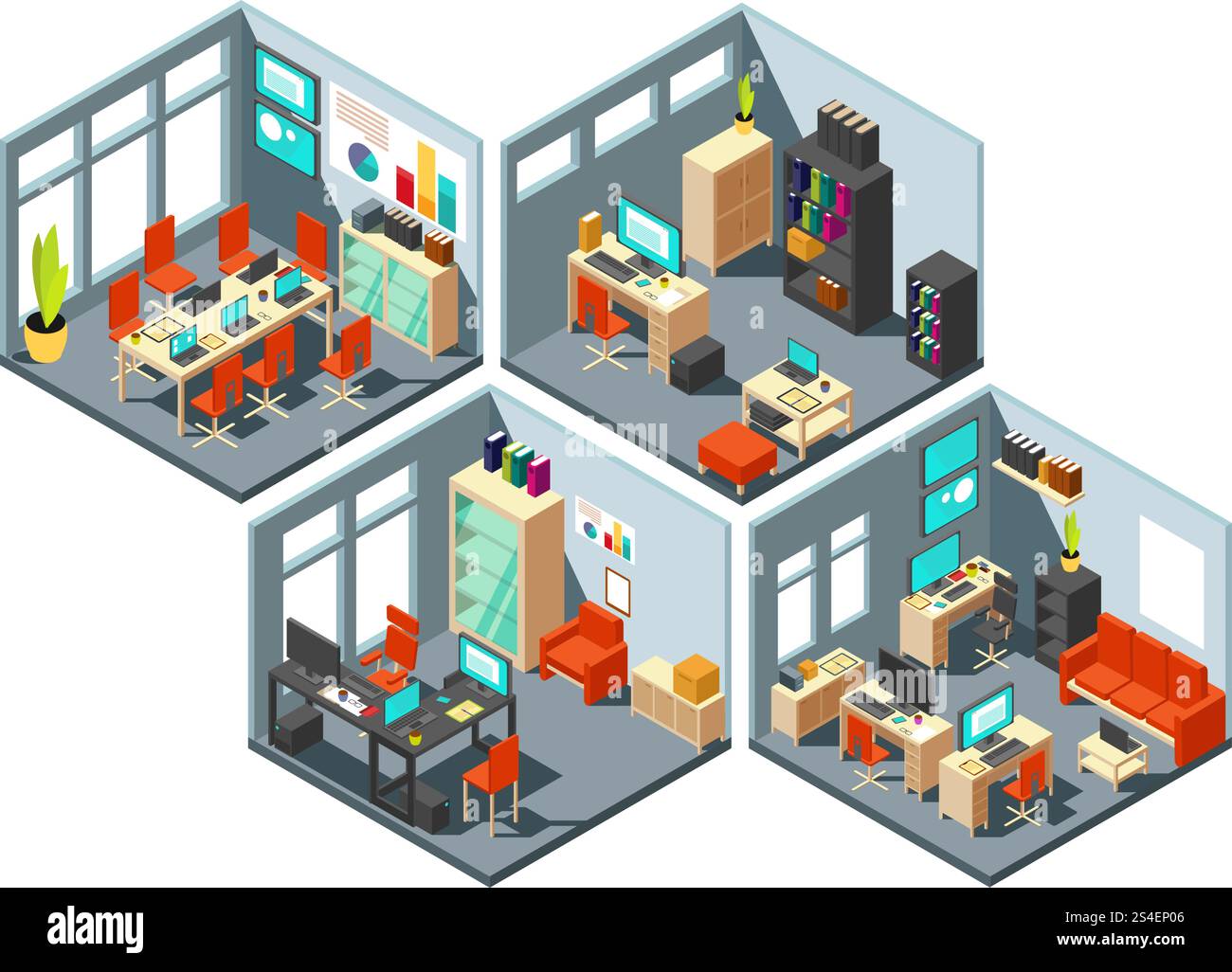 Isometric business offices with different workspaces. 3d vector office ...