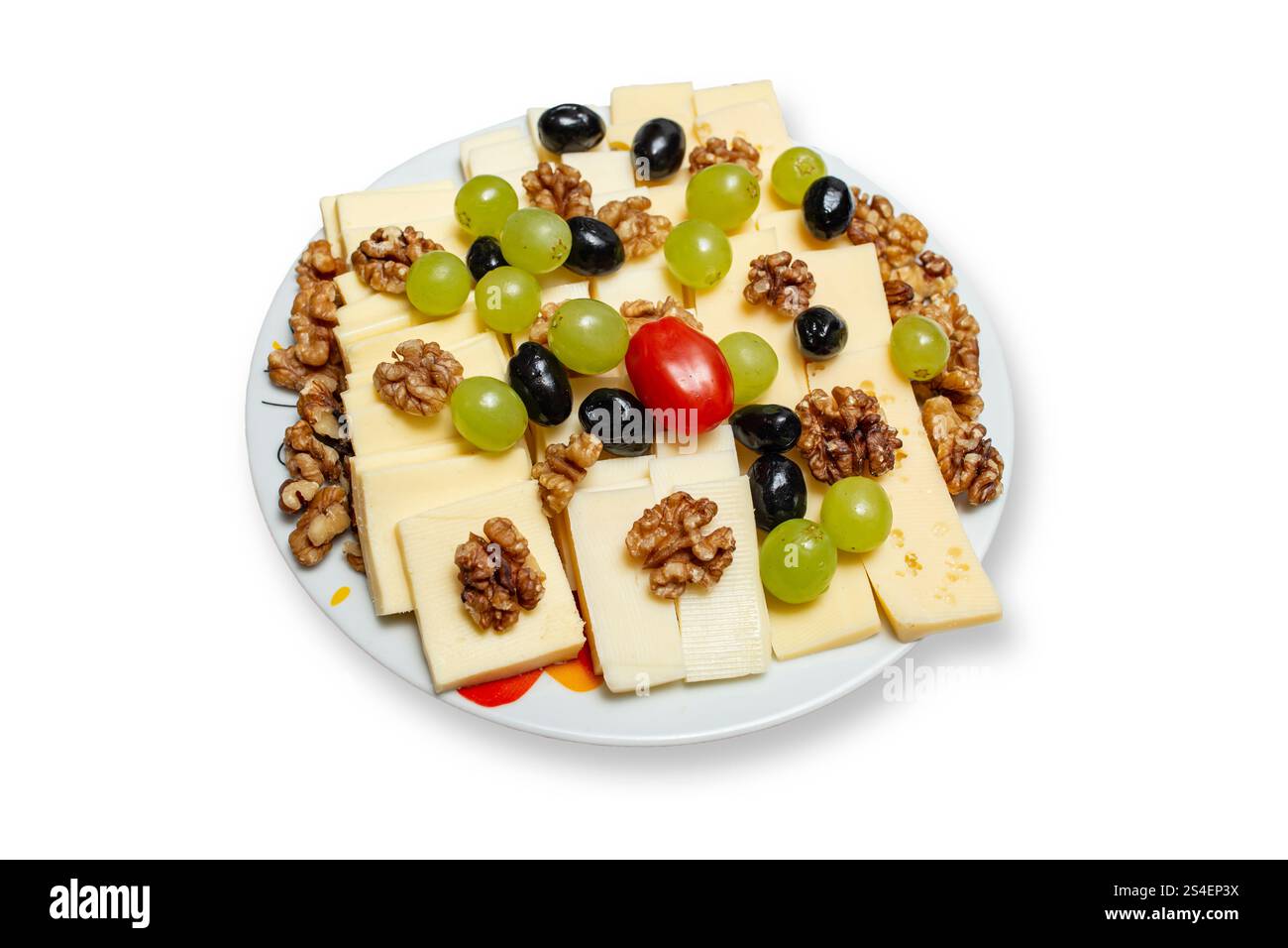 Finger food plate with walnut halves, cheese slices and grapes, flat ...