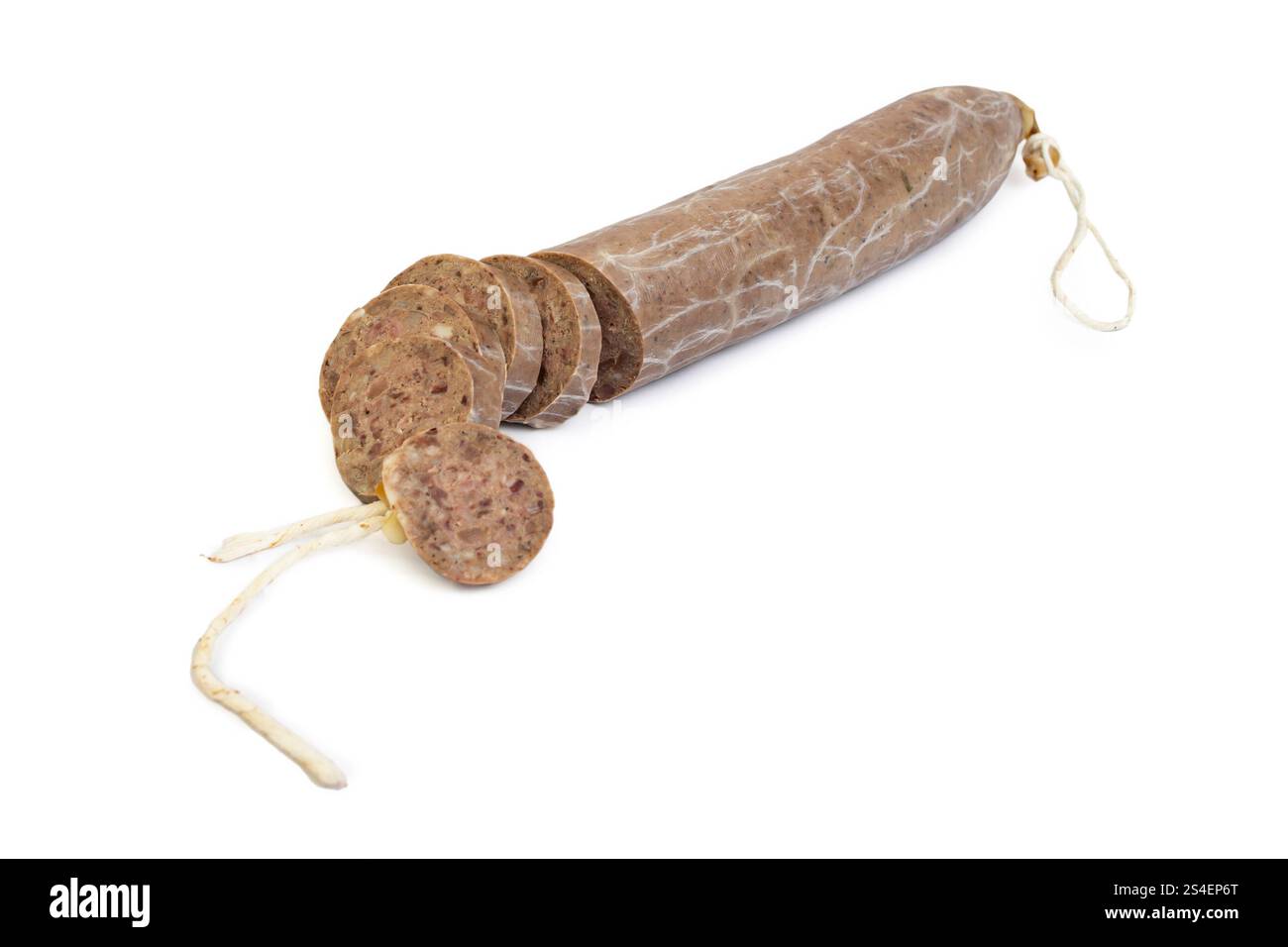 Traditional raw hurka liver sausage, romanian caltabos slices, isolated ...