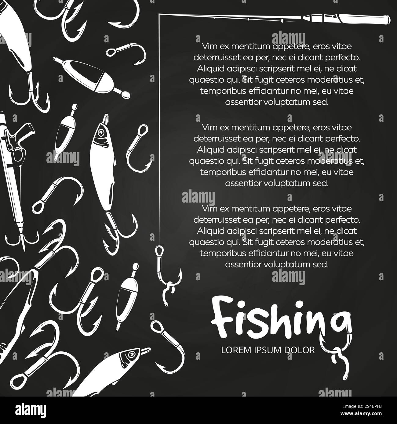 Chalkboard poster or banner with fishing accesories and equipment ...