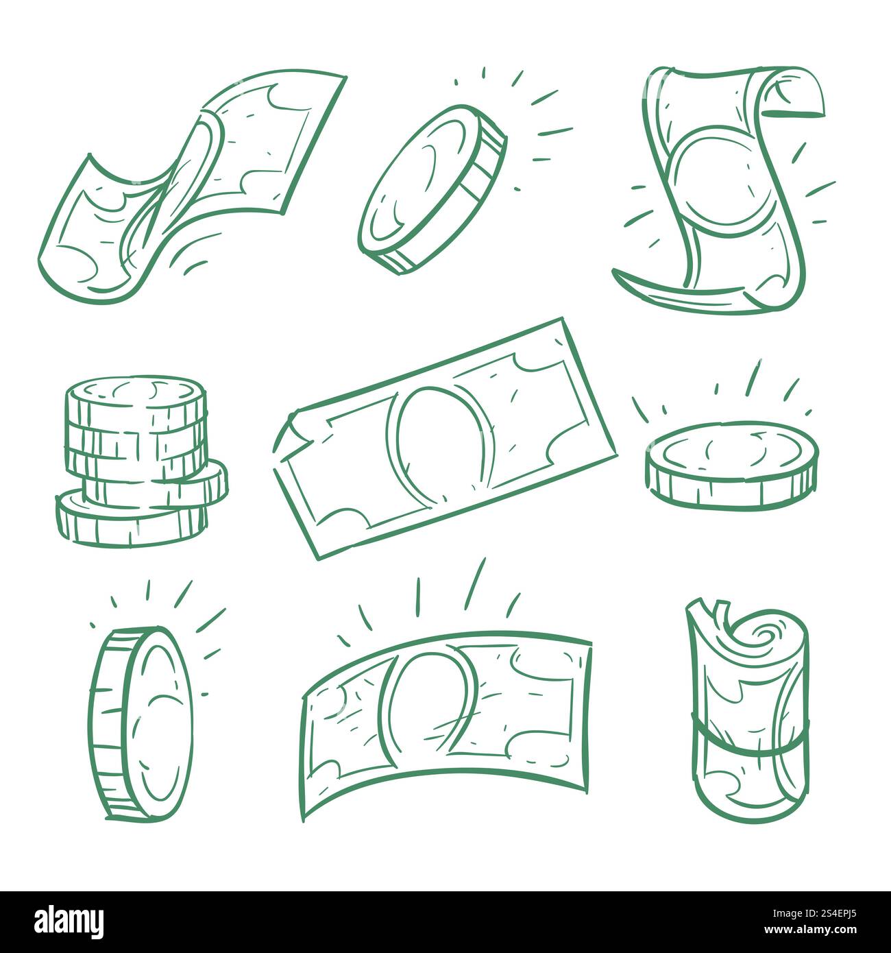 Hand drawn money. Doodle dollar banknotes and coins vector set. Money ...