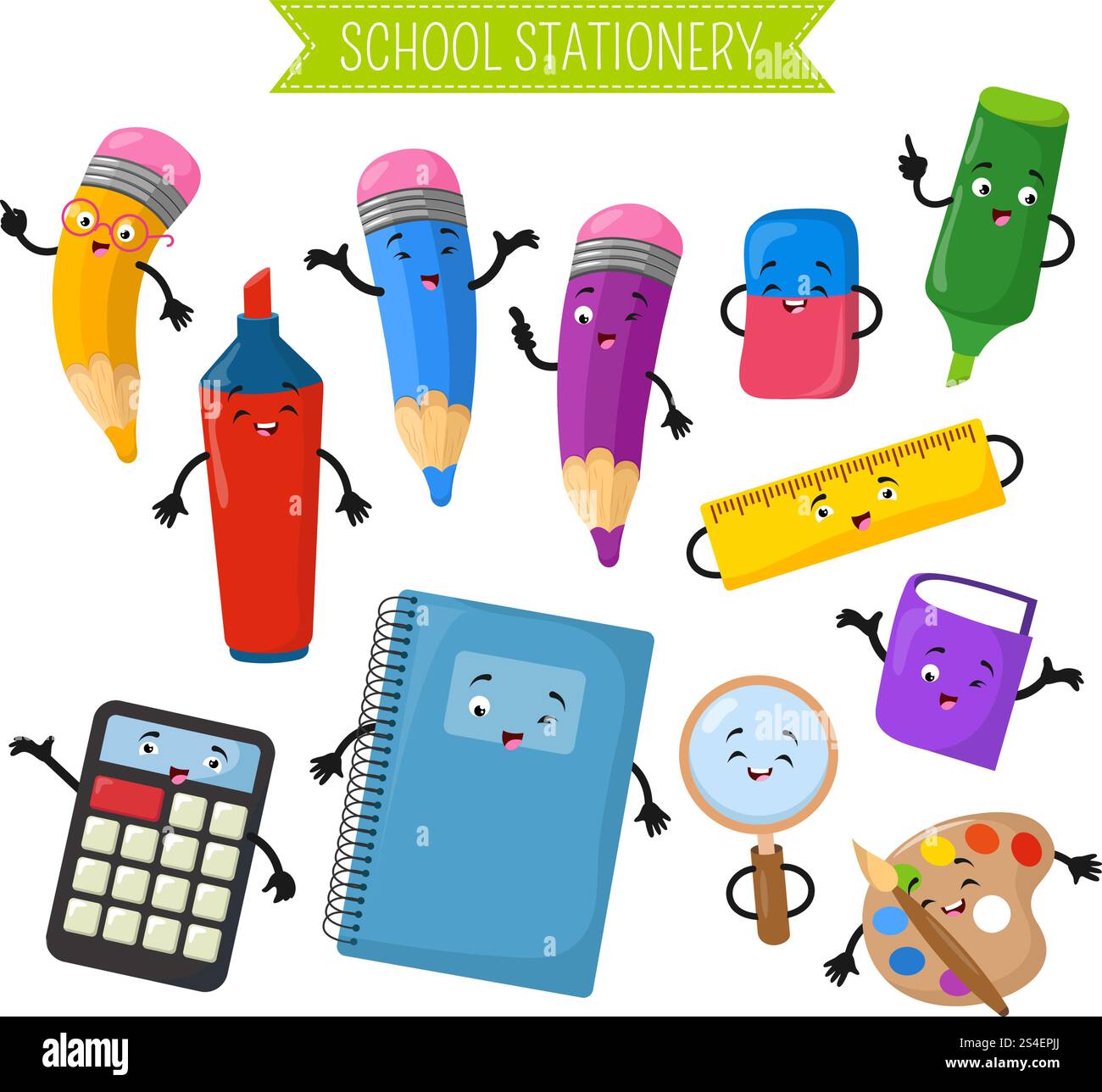 Cartoon 3d vector characters of school writing stationery. Calculator ...