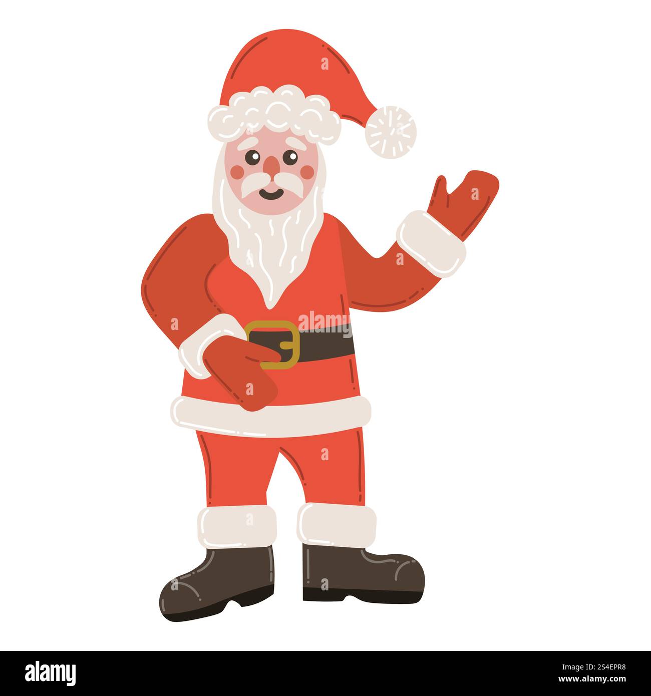 Cute cartoon happy Santa Claus waving or pointing on something in flat ...
