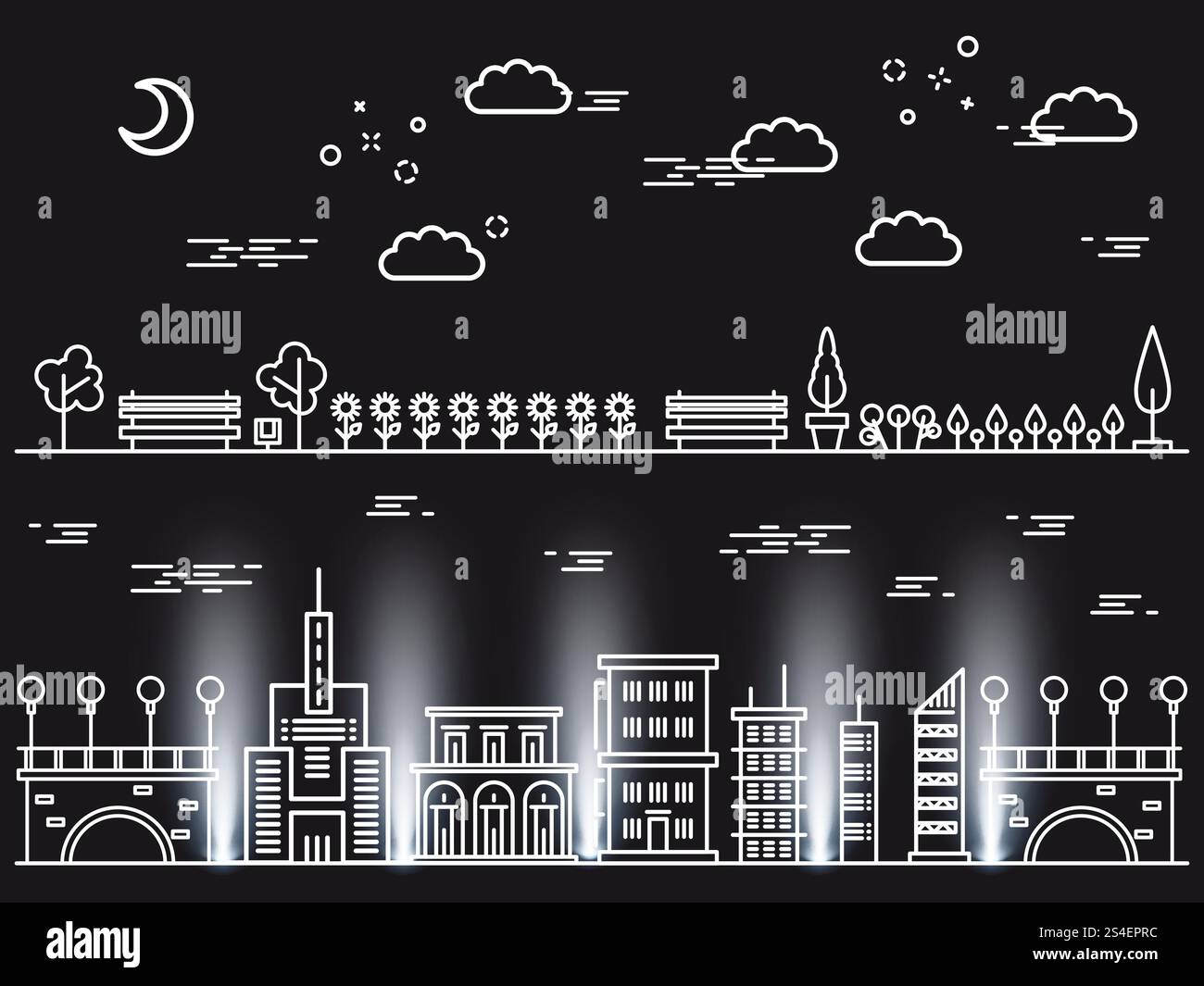 Line art landscapes concepts on black background - line city park and ...