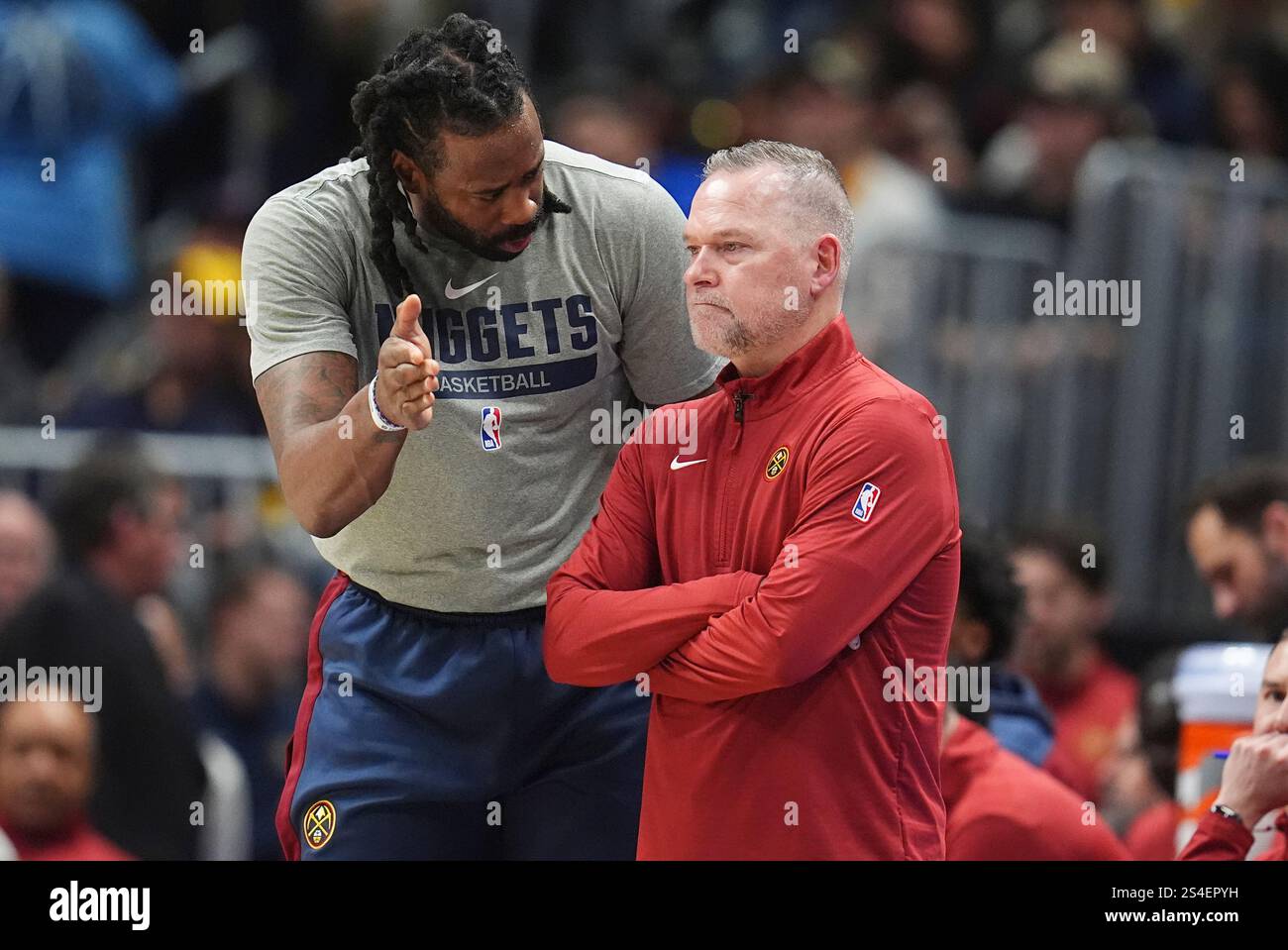 Denver Nuggets center DeAndre Jordan (6) confers with head coach ...
