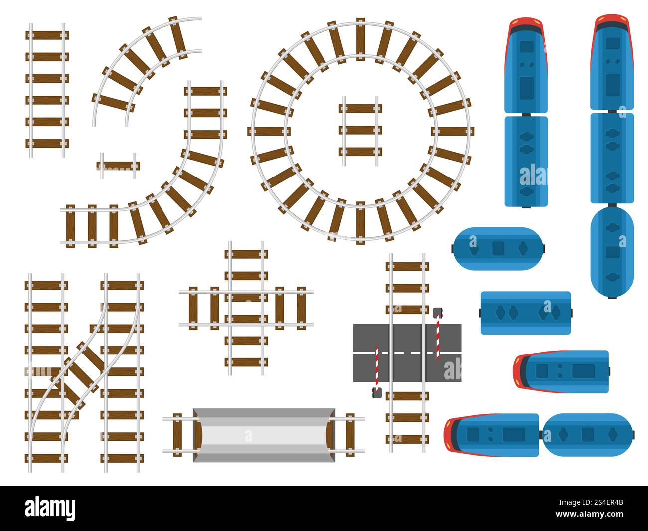 Top view railway tracks and railroad transport - trains, carriage and car. Rail road round for ...