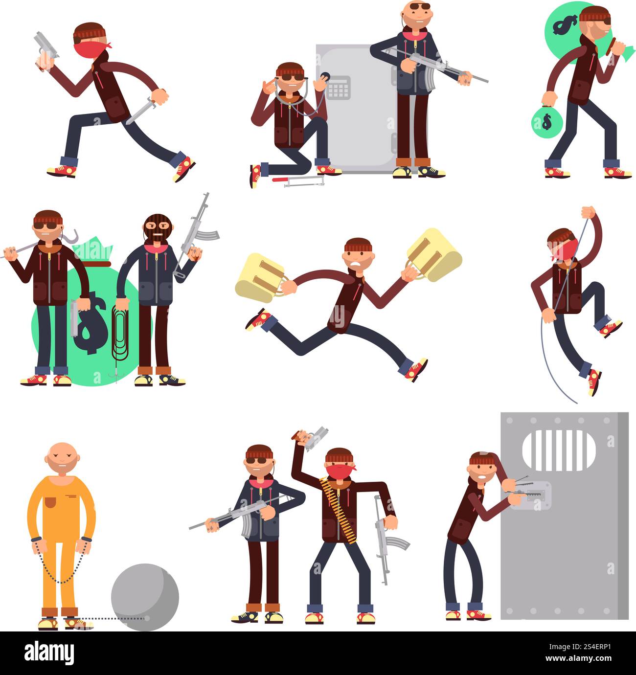Criminal offender in different actions vector set. Burglar and thief ...