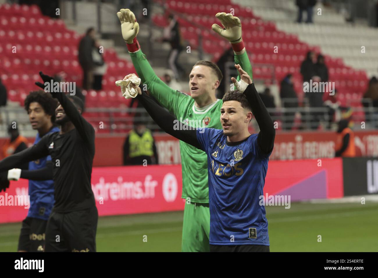 Tom Louchet of Nice, Nice goalkeeper Marcin Bulka celebrate the victory ...