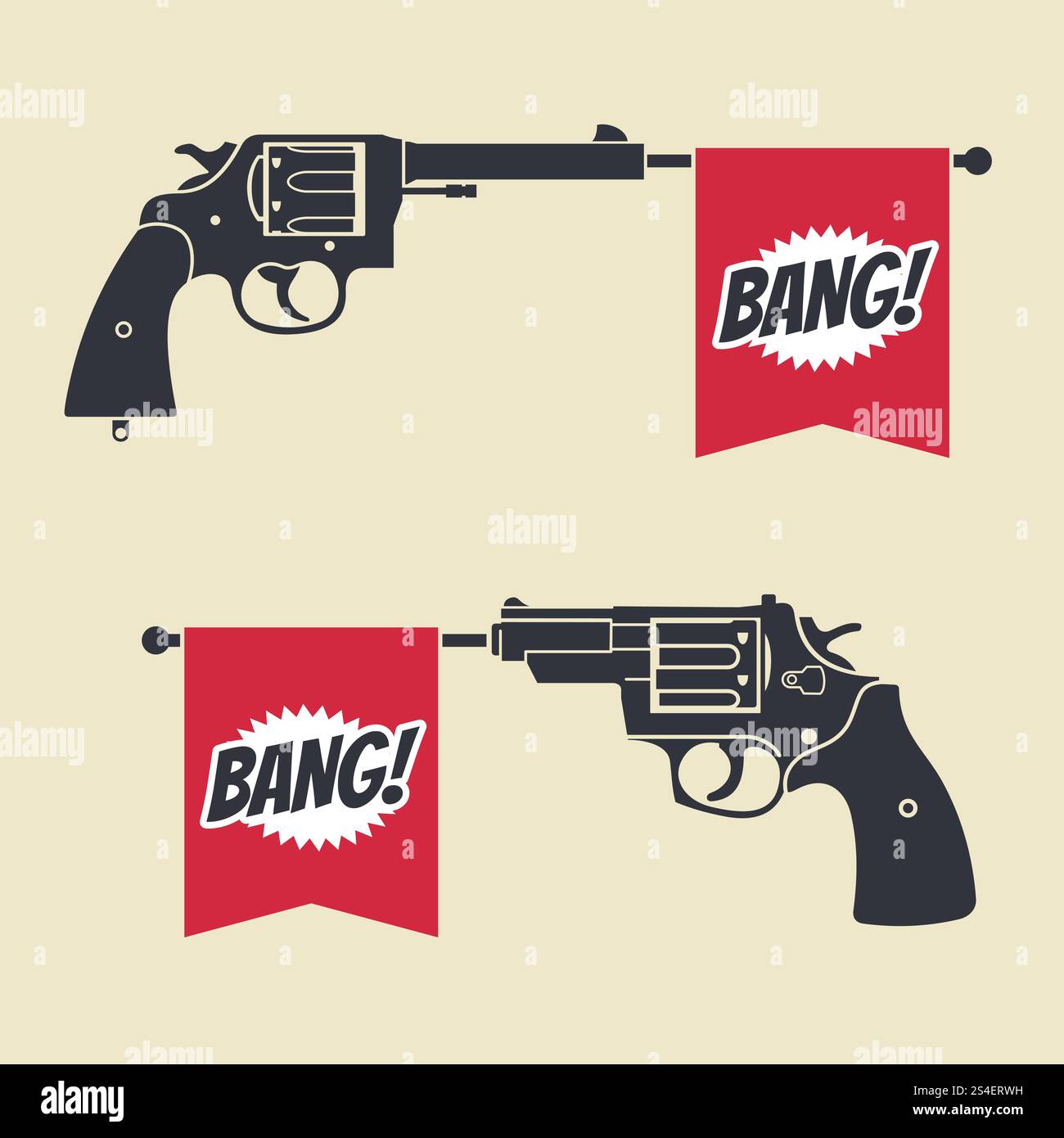 Shooting toy gun pistol with bang flag vector icon. Weapon pistol toy ...