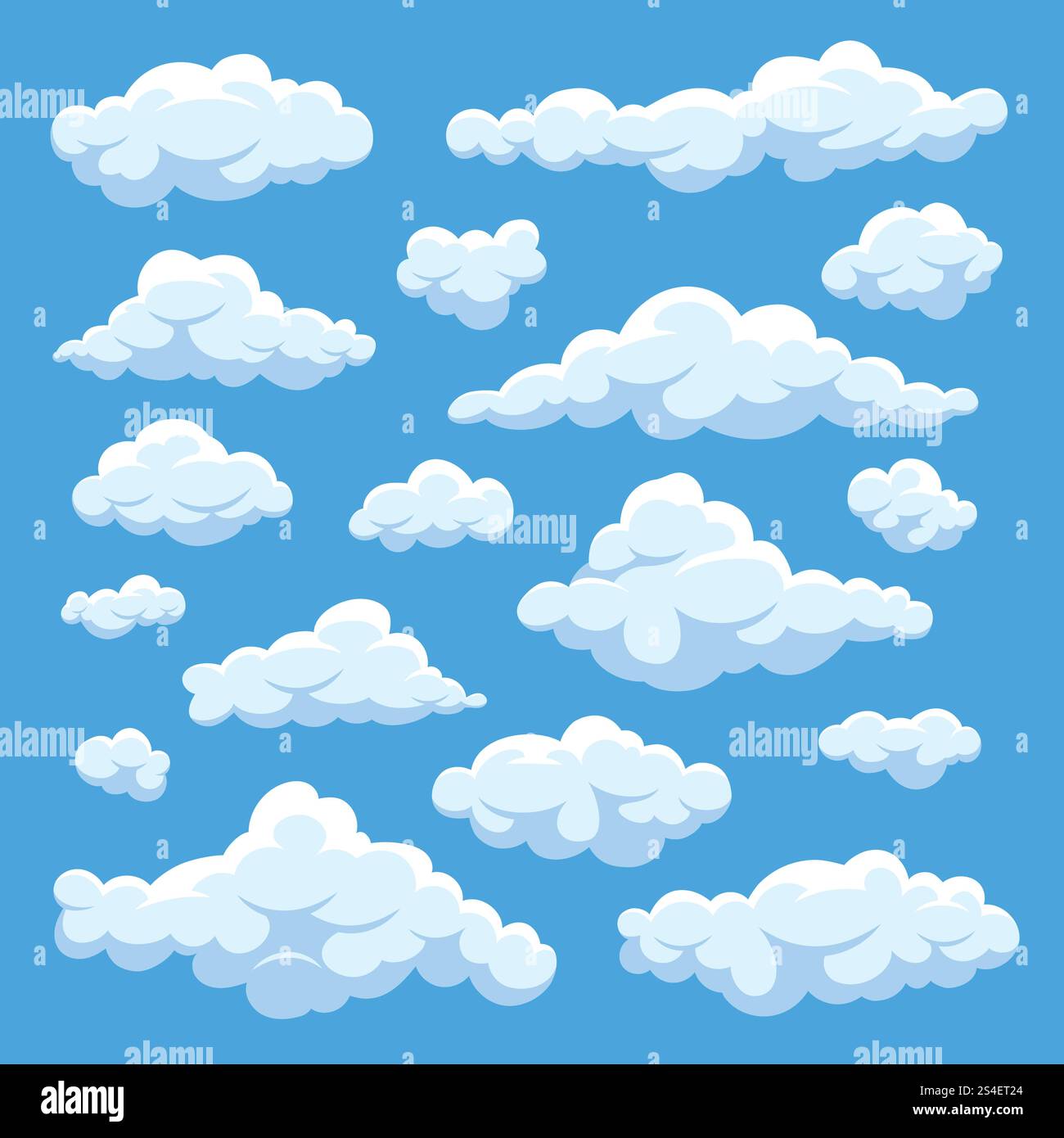 Fluffy white cartoon clouds in blue sky vector set. Cloudy day heaven ...