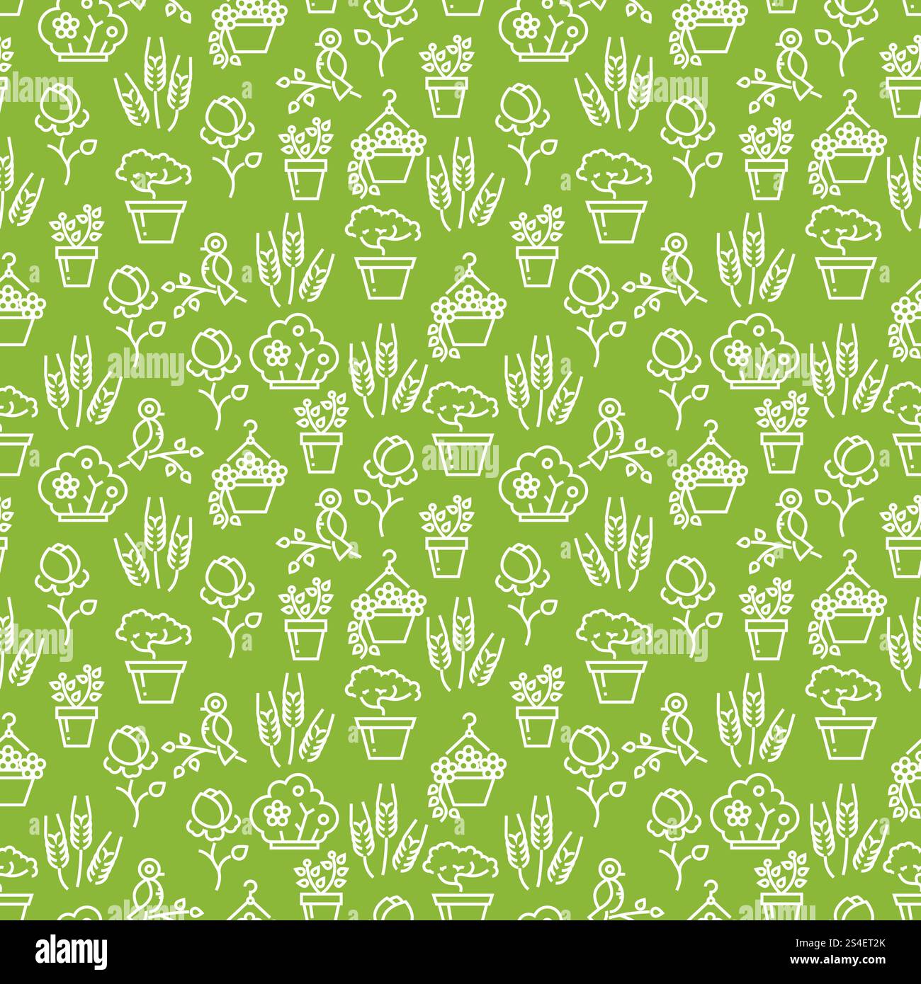 Garden seamless pattern - bird, flowers, trees and bushes seamless ...