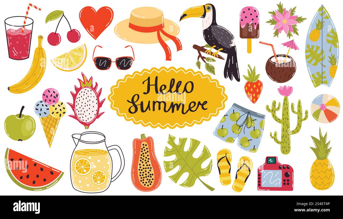 Colorful cartoon summer design elements collection with tropical fruits, Toukan bird, Monstera ...