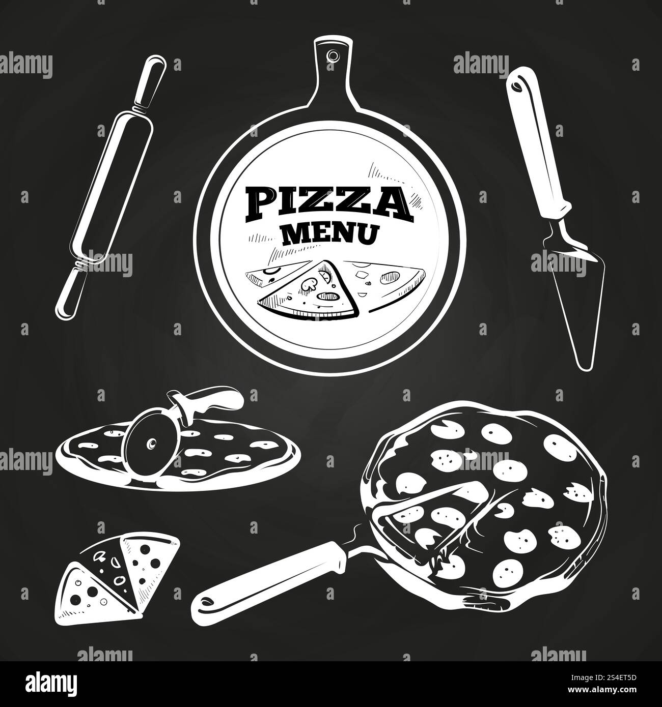 Vintage pizza elements for labels and design on chalkboard. Vintage ...