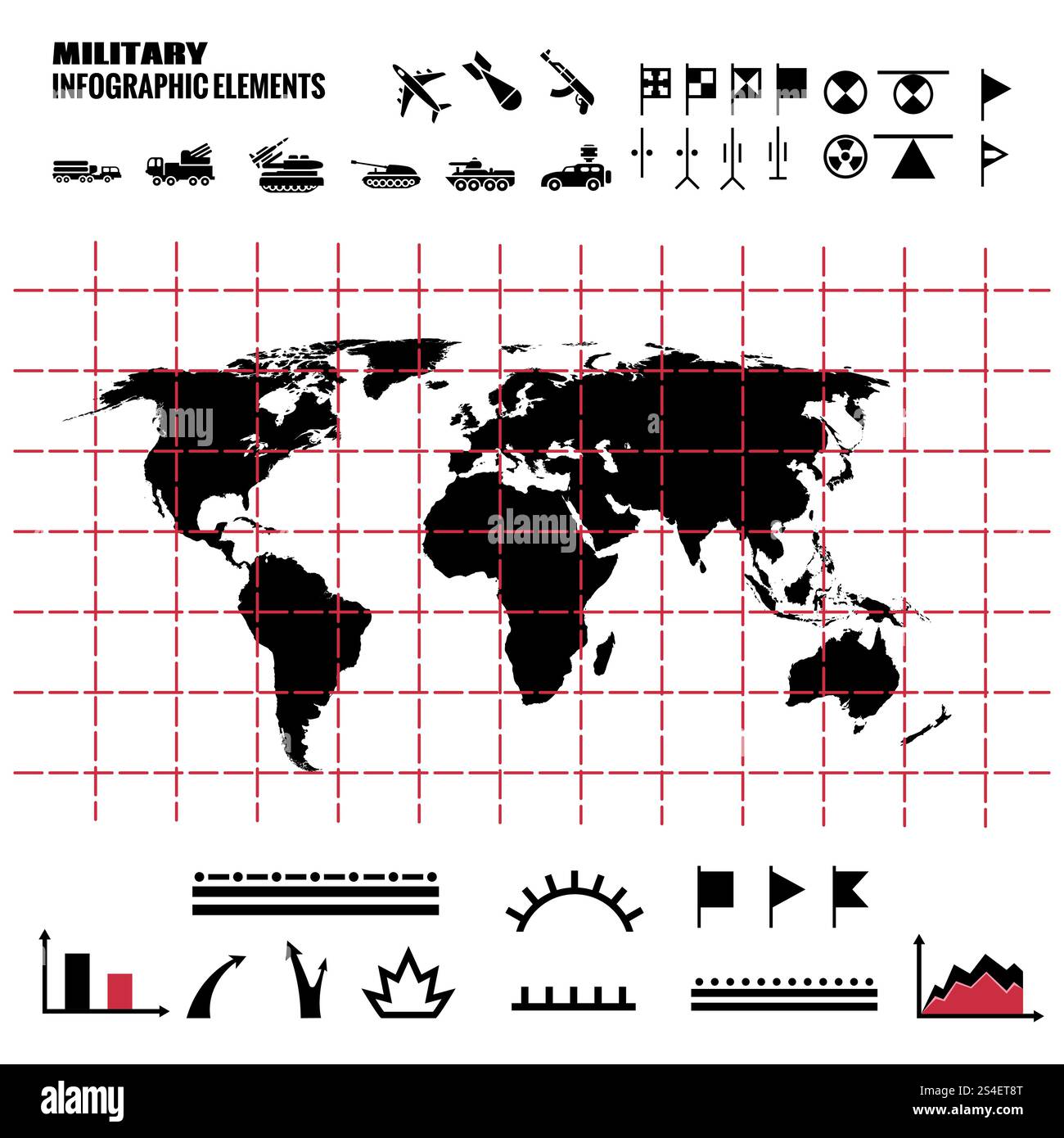 Military infographics elements with world map and icons. Black world ...