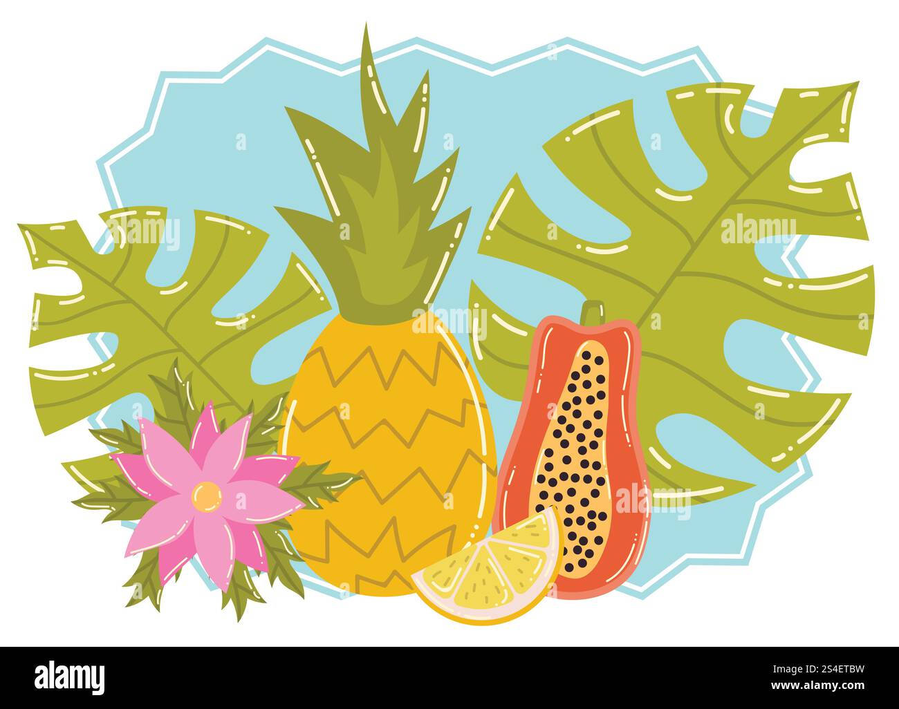 Cartoon summer still life with tropic fruits, Monstera leaves and ...