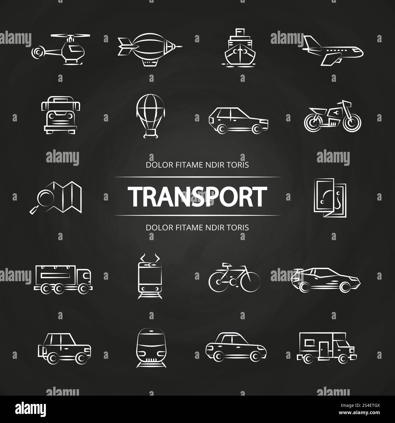 Transport line icons collection on blackboard. Transportation bus and ...