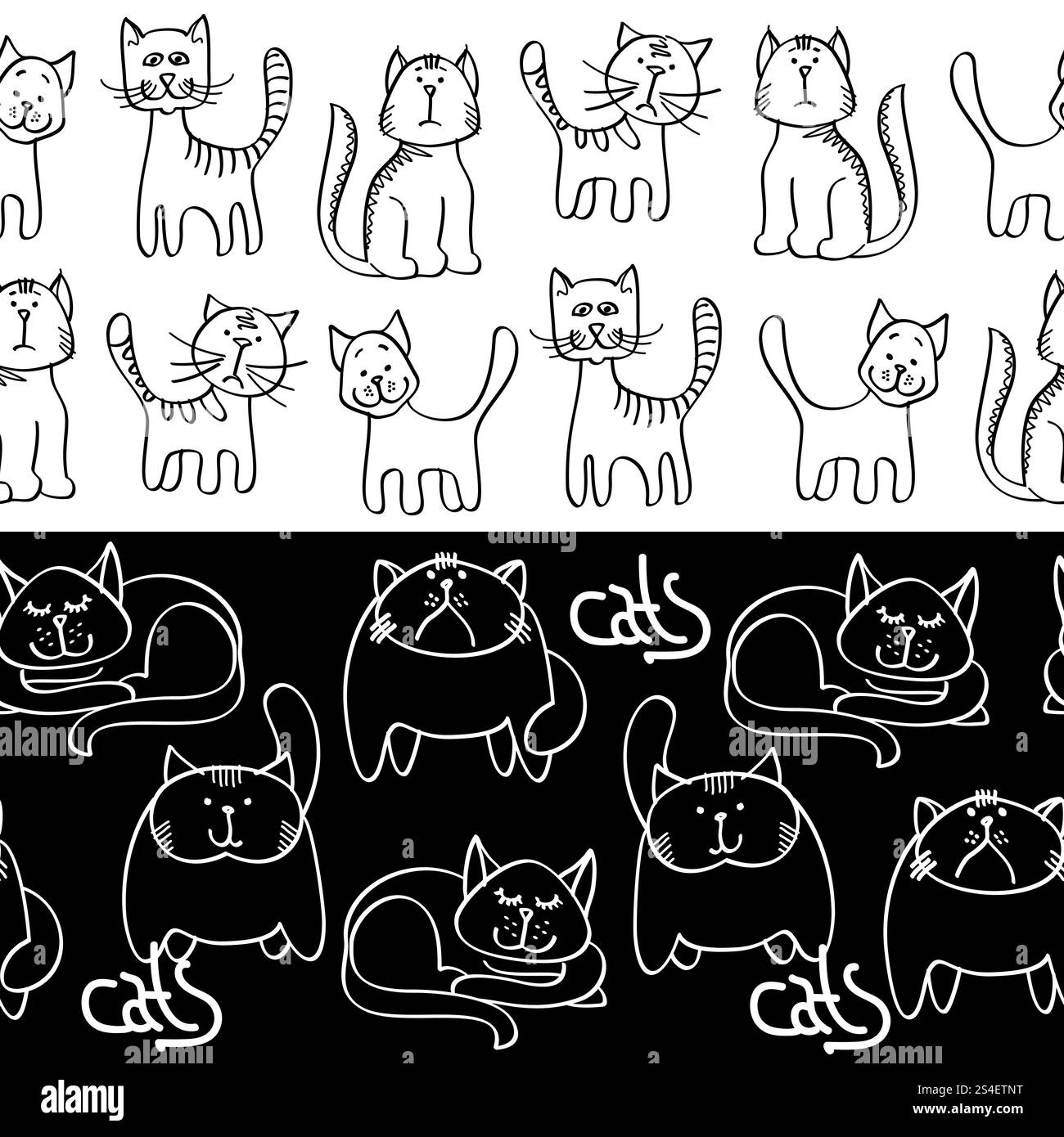 Black and white doodle cats seamless borders. Background with cats ...