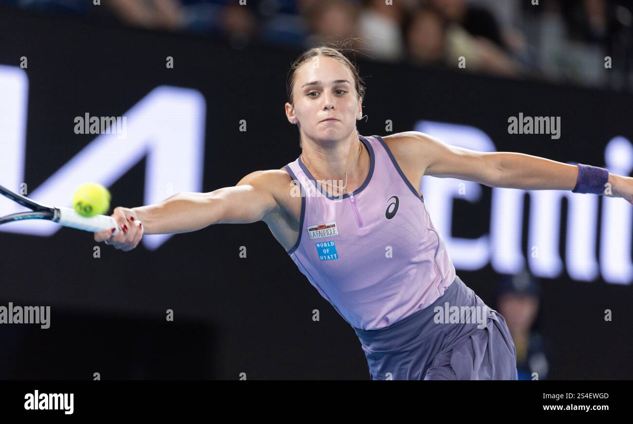Melbourne, Australia. 12th Jan, 2025. Anca Todoni hits a return during ...