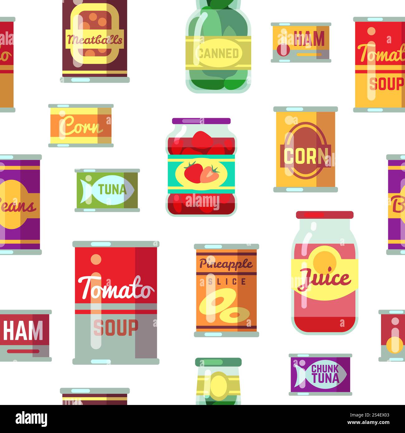 Canned goods and food in metal container vector seamless pattern ...