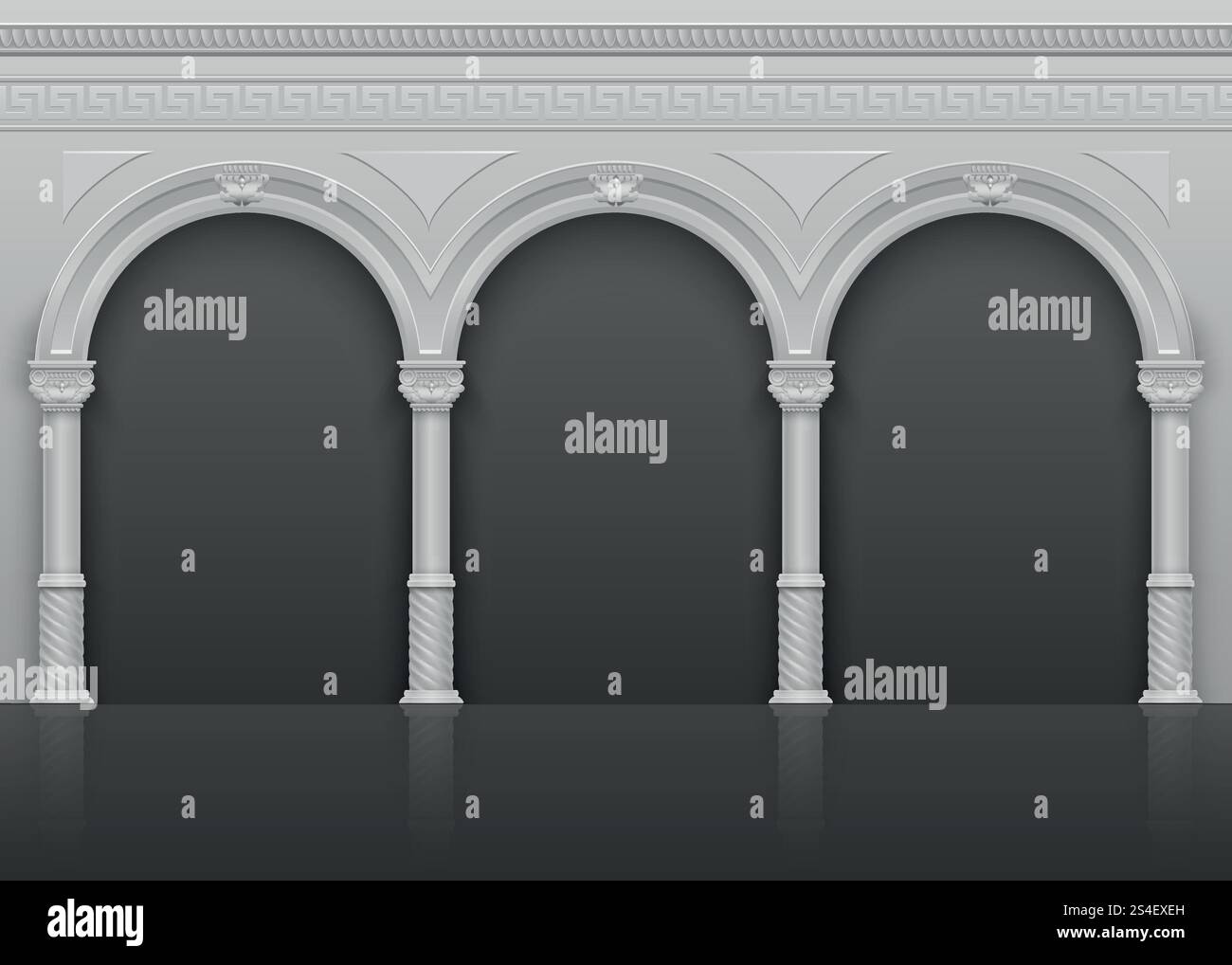 Classic roman antique interior with stone arches and columns vector illustration. Architecture ...